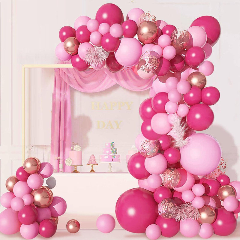 House of Hampton® 125Pcs Pink Balloon Garland Arch Kit, Hot Pink Metallic Rose Gold Confetti ...