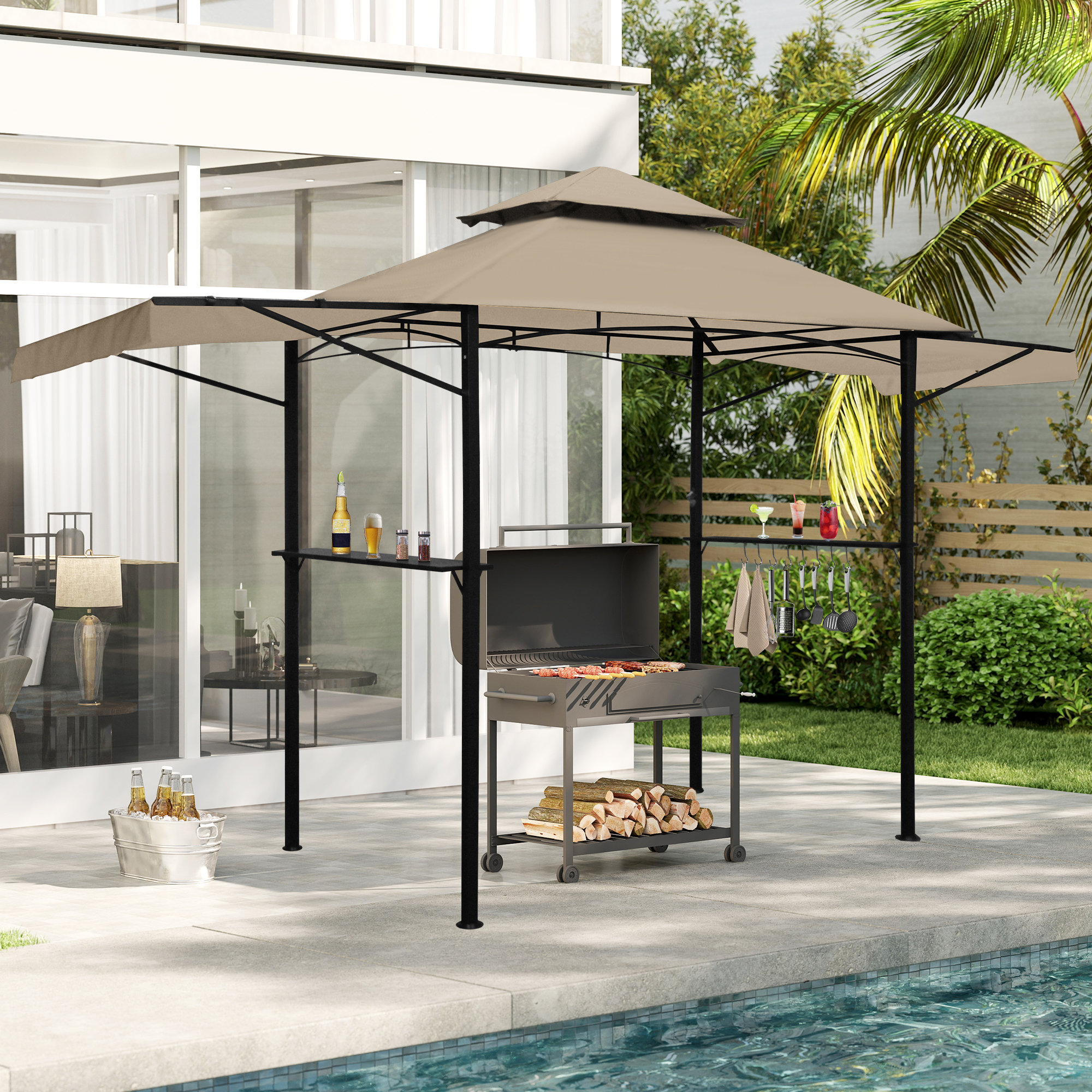Gartoo Double Roof Grill Gazebo with Two Extra Shadow BBQ Waterproof ...