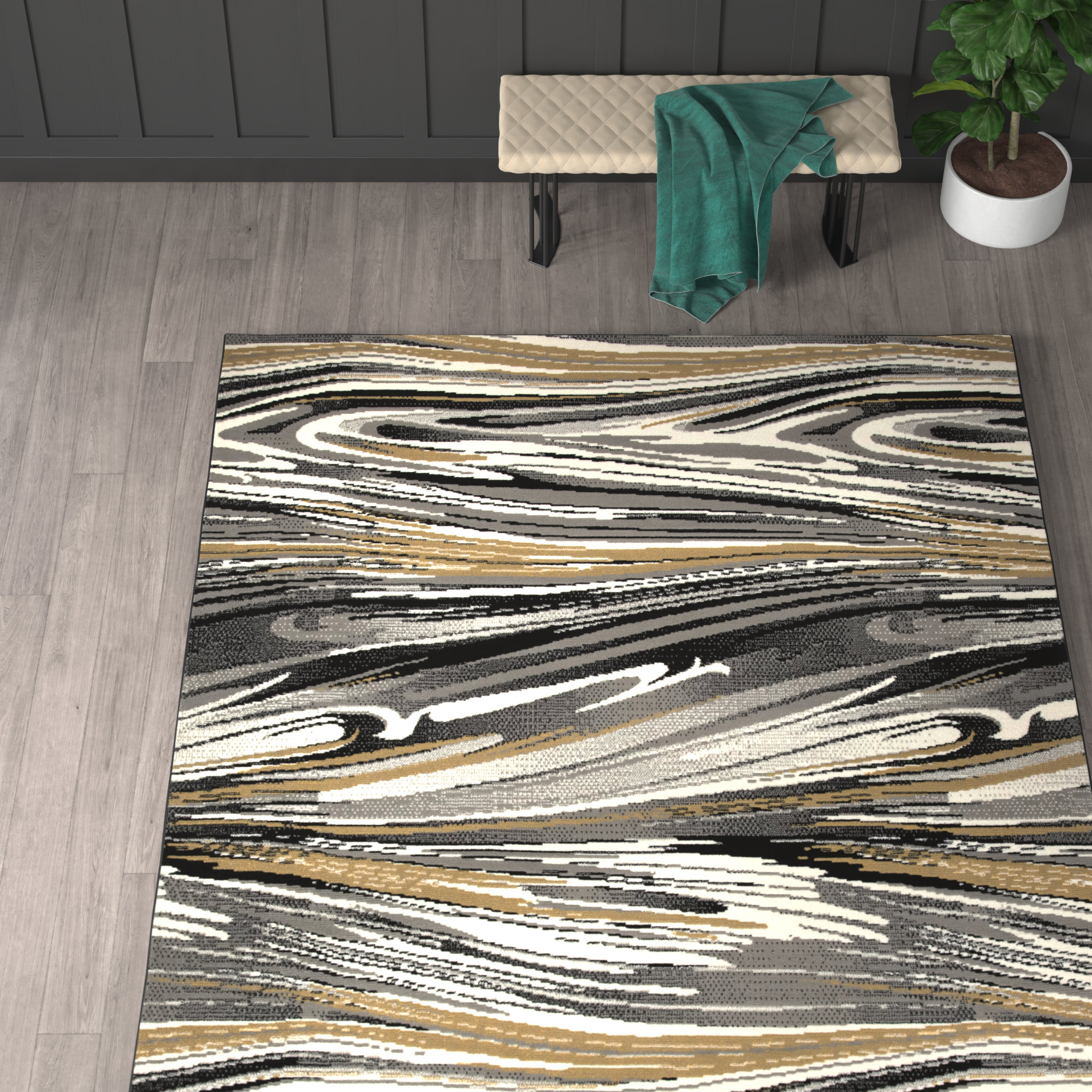 Mercury Row Roepke Abstract Grey/Black/Gold Indoor / Outdoor Area Rug ...