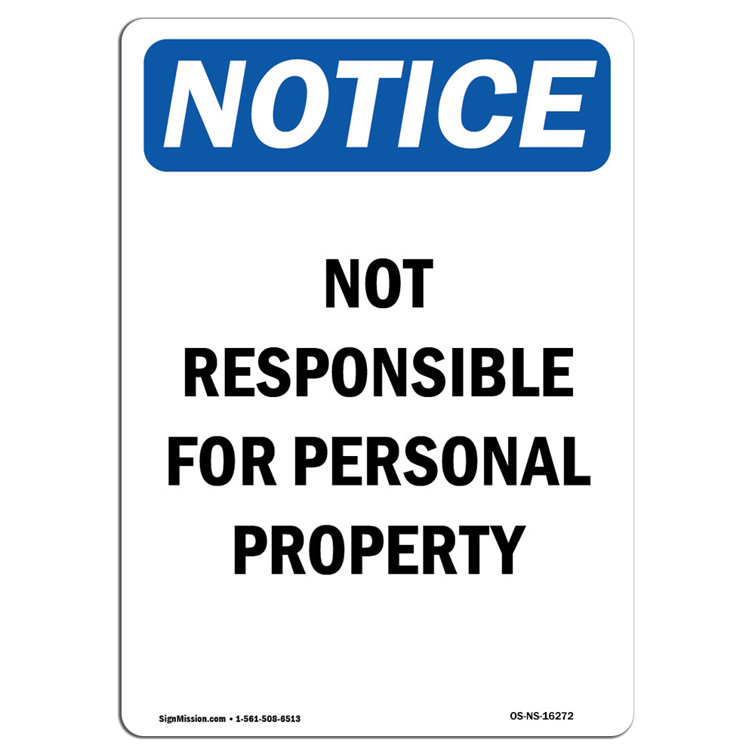 SignMission Not Responsible for Personal Property Sign | Wayfair