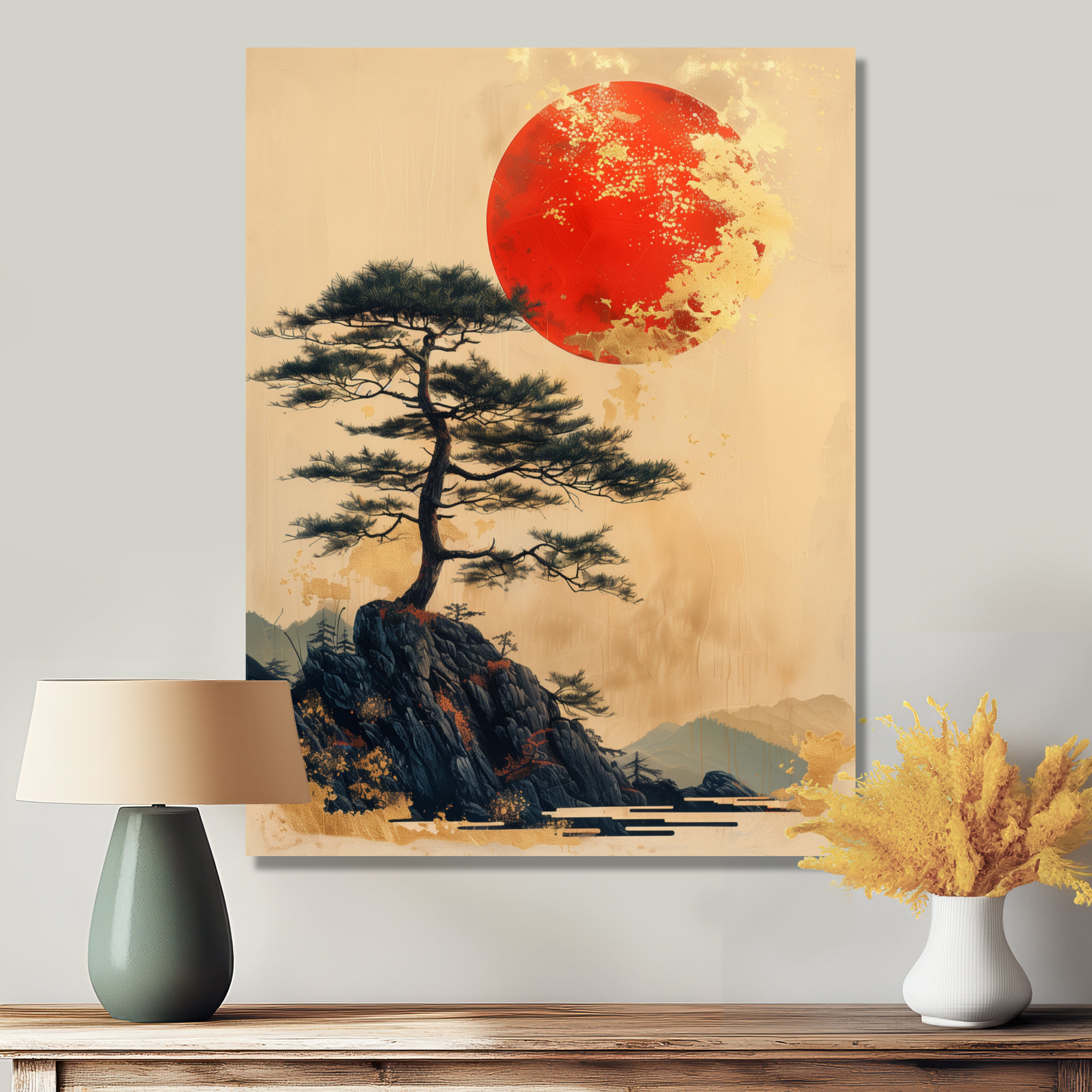 Design Art Gold Orange Japan Bonsai Sunset II - Japan Wall Art Living ...