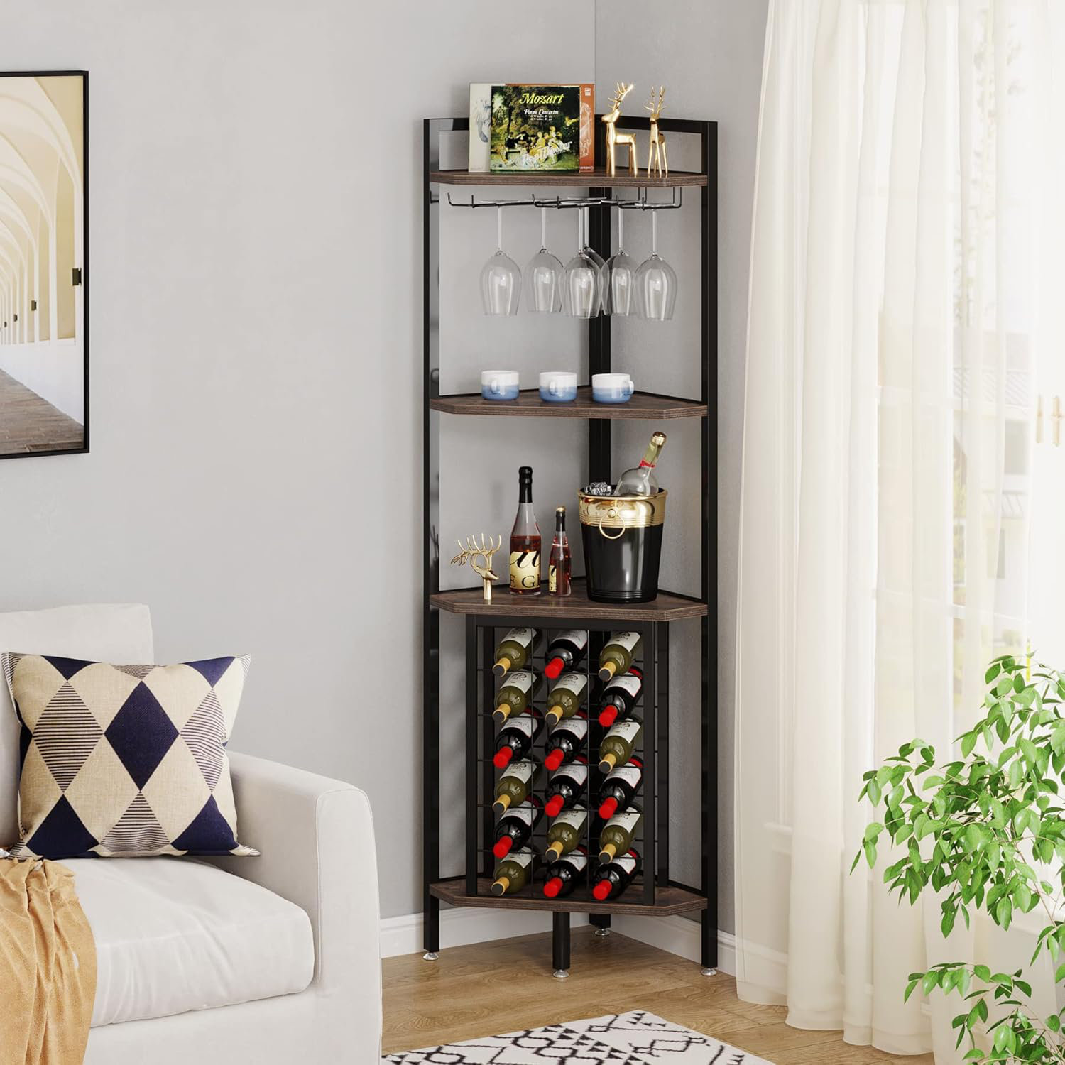 17 Stories Corner Wine Rack Freestanding Floor Corner Bar Shelf With ...