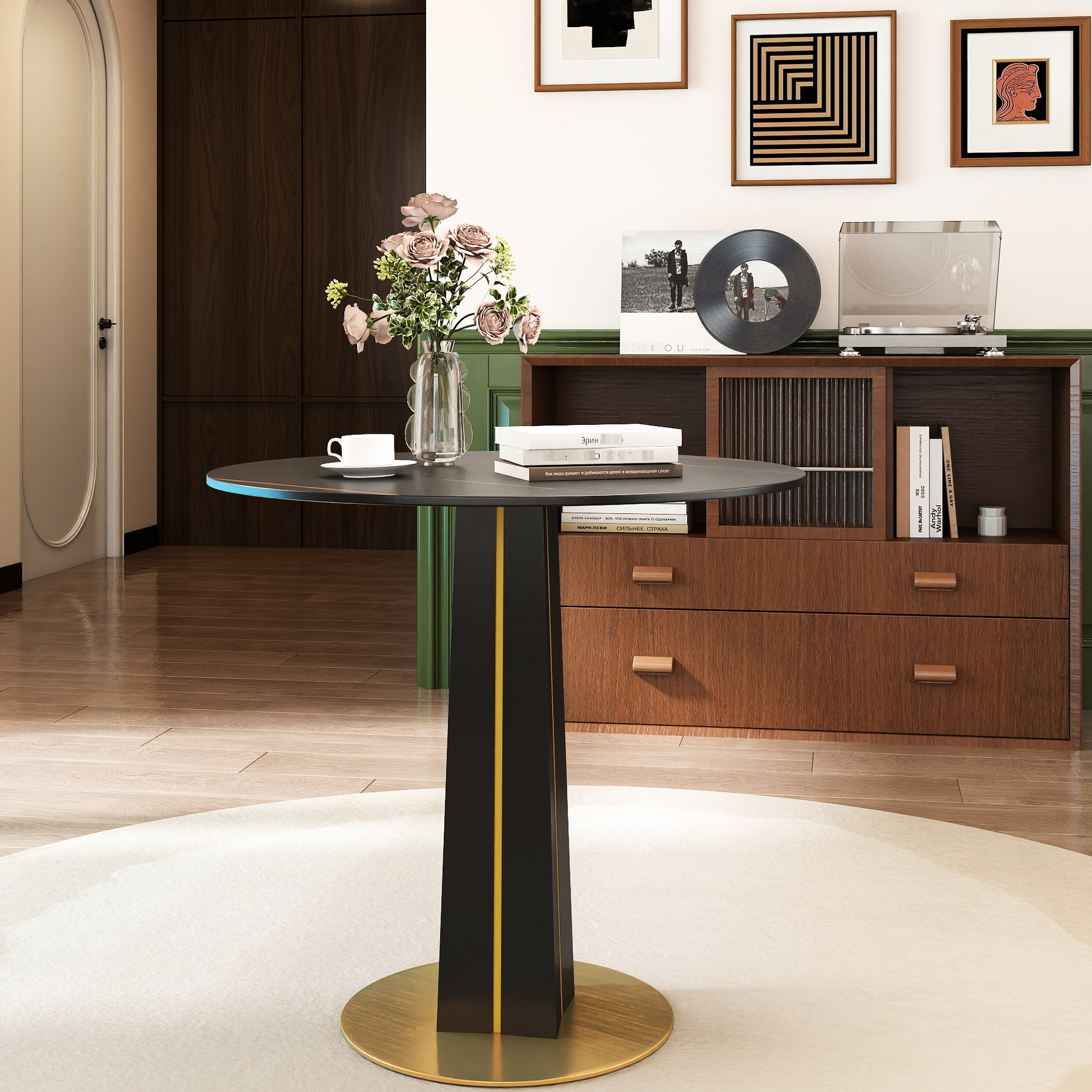 Mercer41 85cm Diameter Round Sintered Stone Table With Black Wood Legs ...