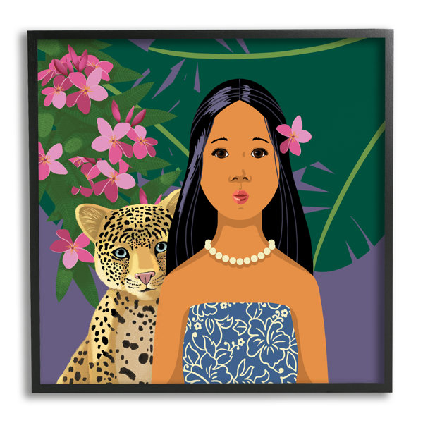 Stupell Industries Portrait Girl Leopard Friend Pink Flowers Leaves ...