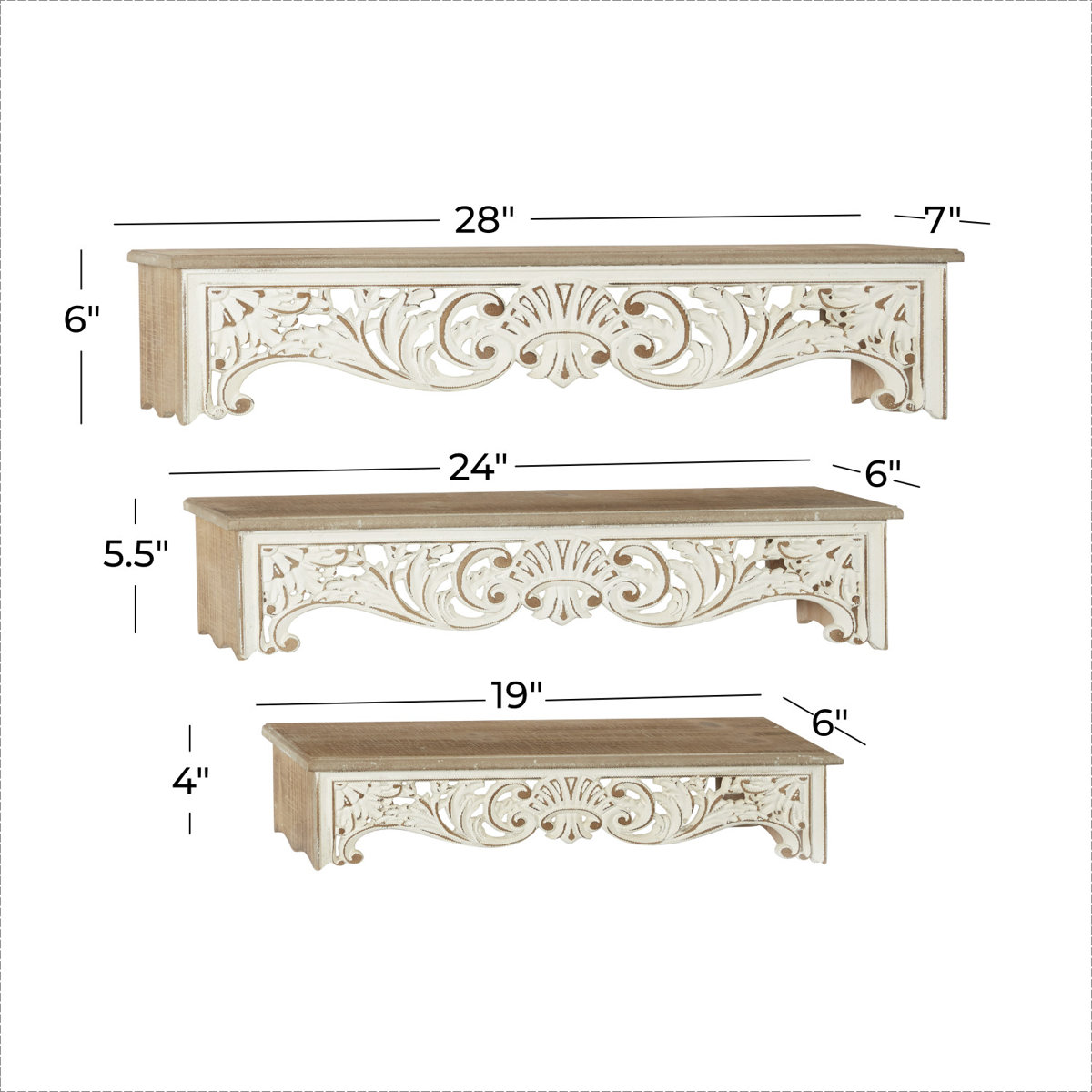 Bungalow Rose Cream Wooden Scroll Carved 3 Shelves Room Wall Shelf, Set ...