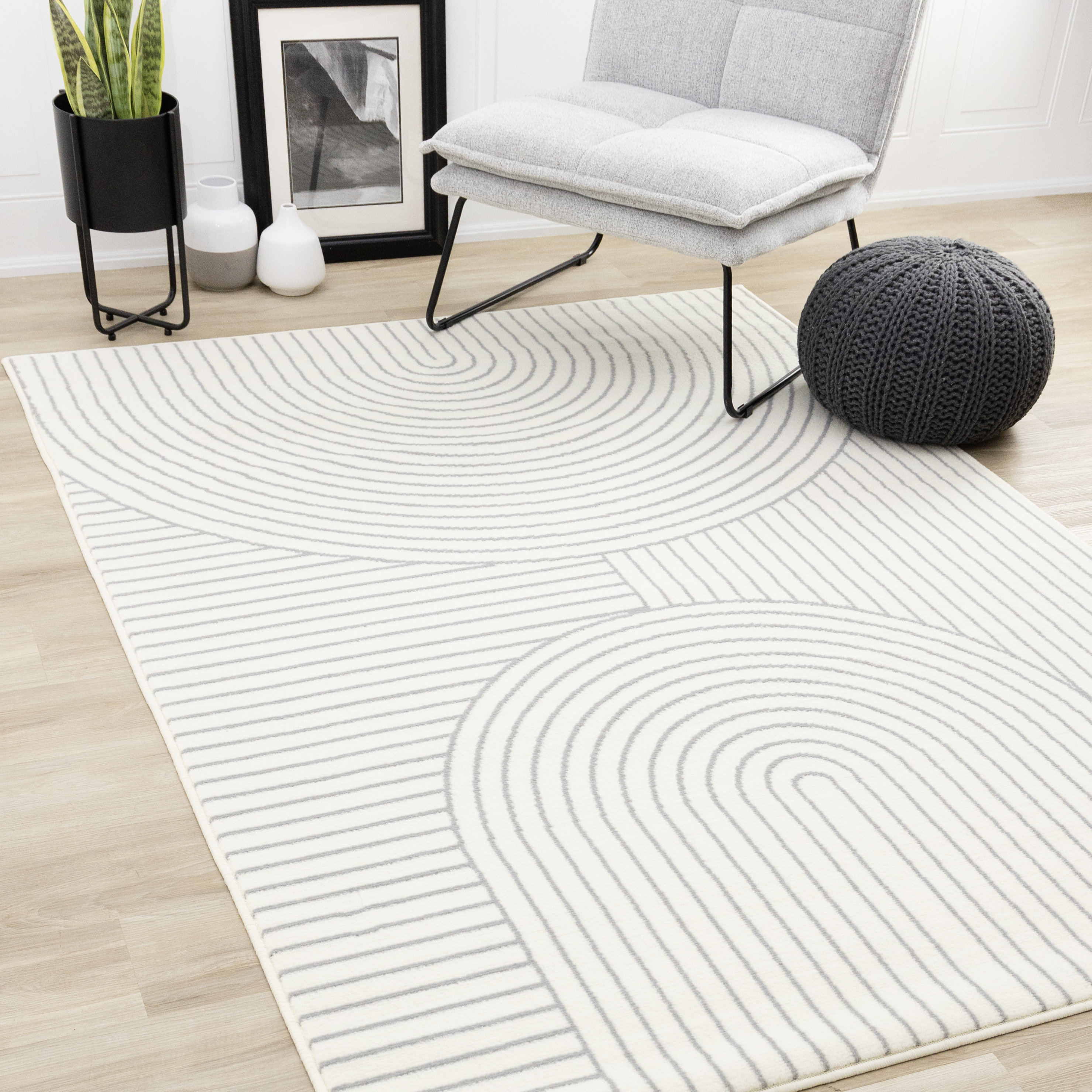 Brayden Studio® Fresno White Grey Double Arches Striped Area Rug | Wayfair
