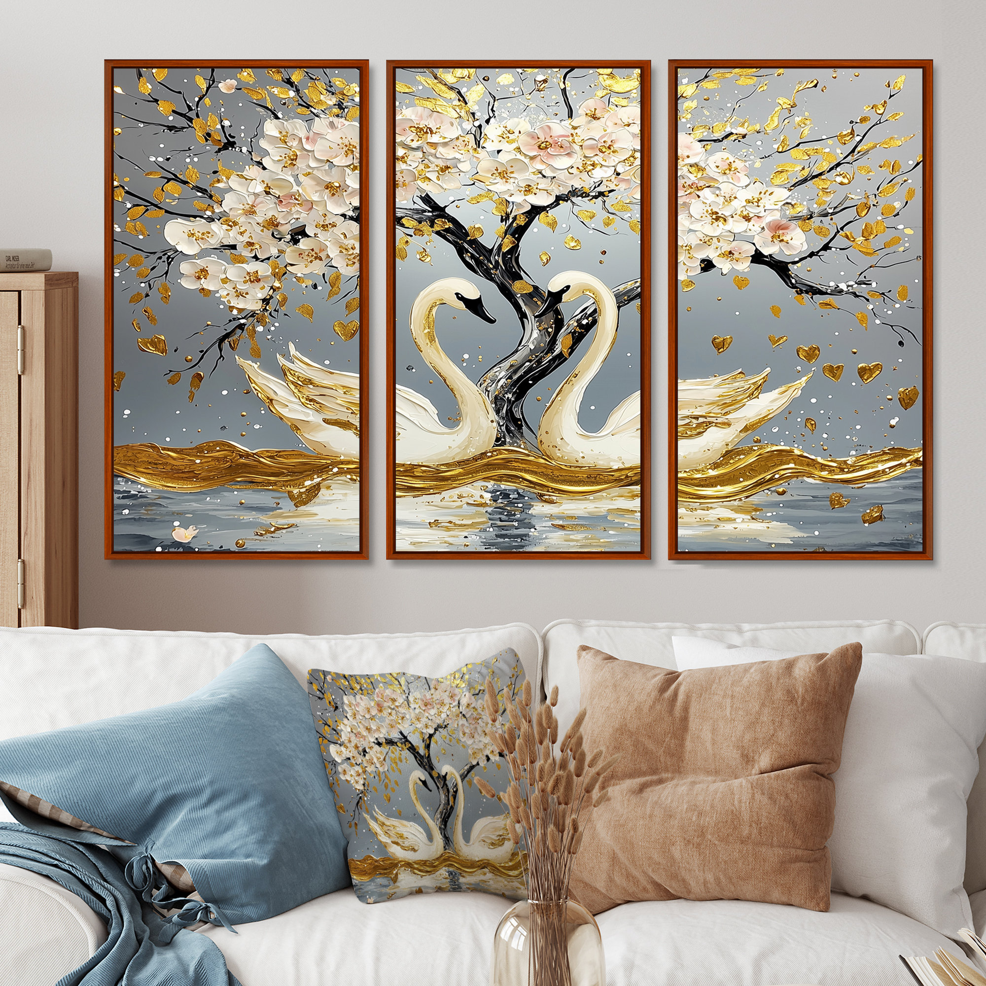 Lark Manor™ Grey And Gold Swans Love Under Cherry Blossom II - Cherry ...