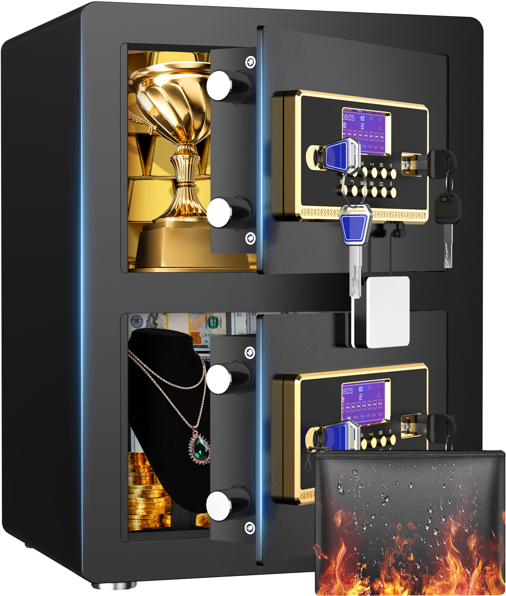 BESAFETY Double Door Safe Box With Fireproof Waterproof Bag, Digital Keypad Home Security Safe ...