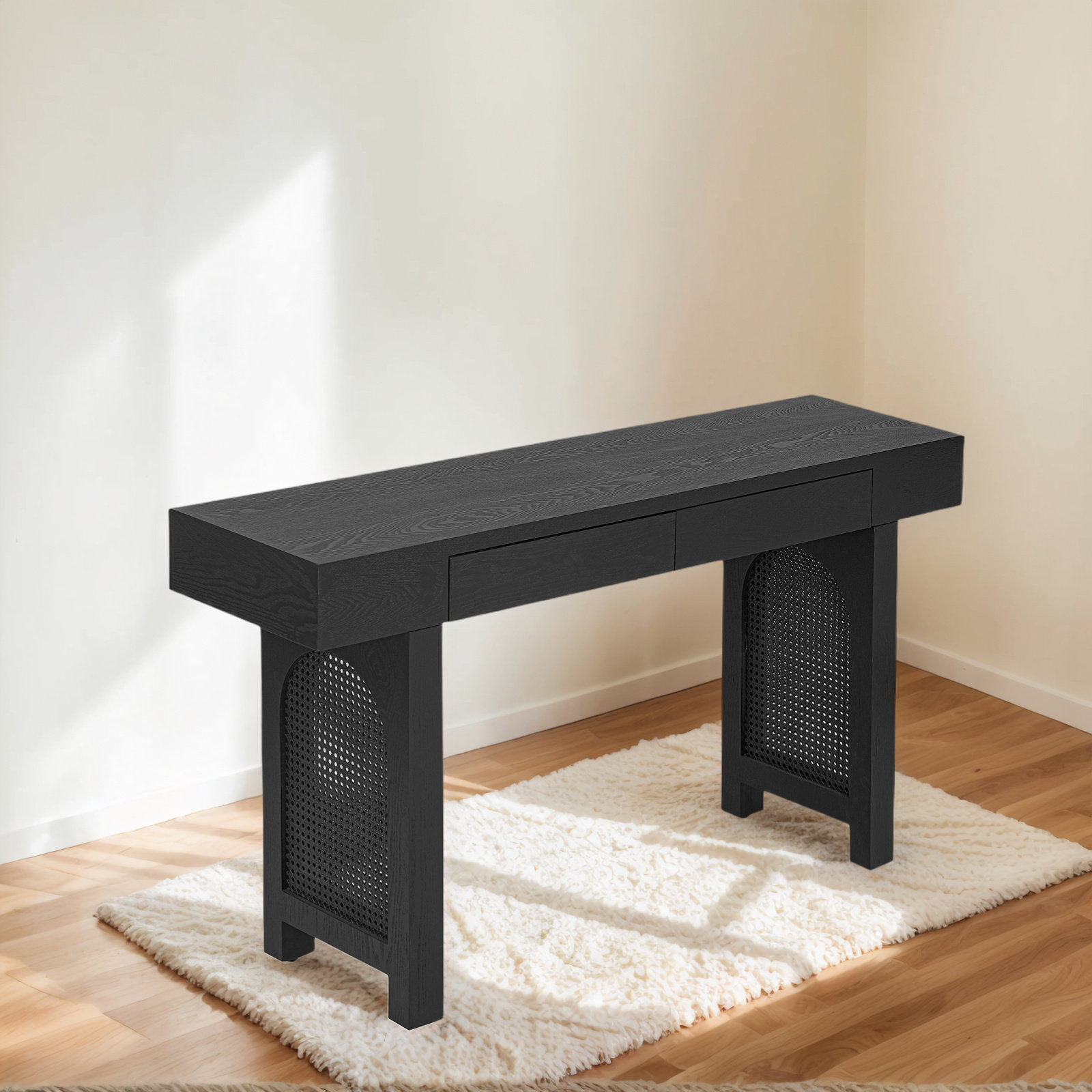 Latitude Run® Rustic Narrow Console Table With Rattan Accent &2 Drawers ...