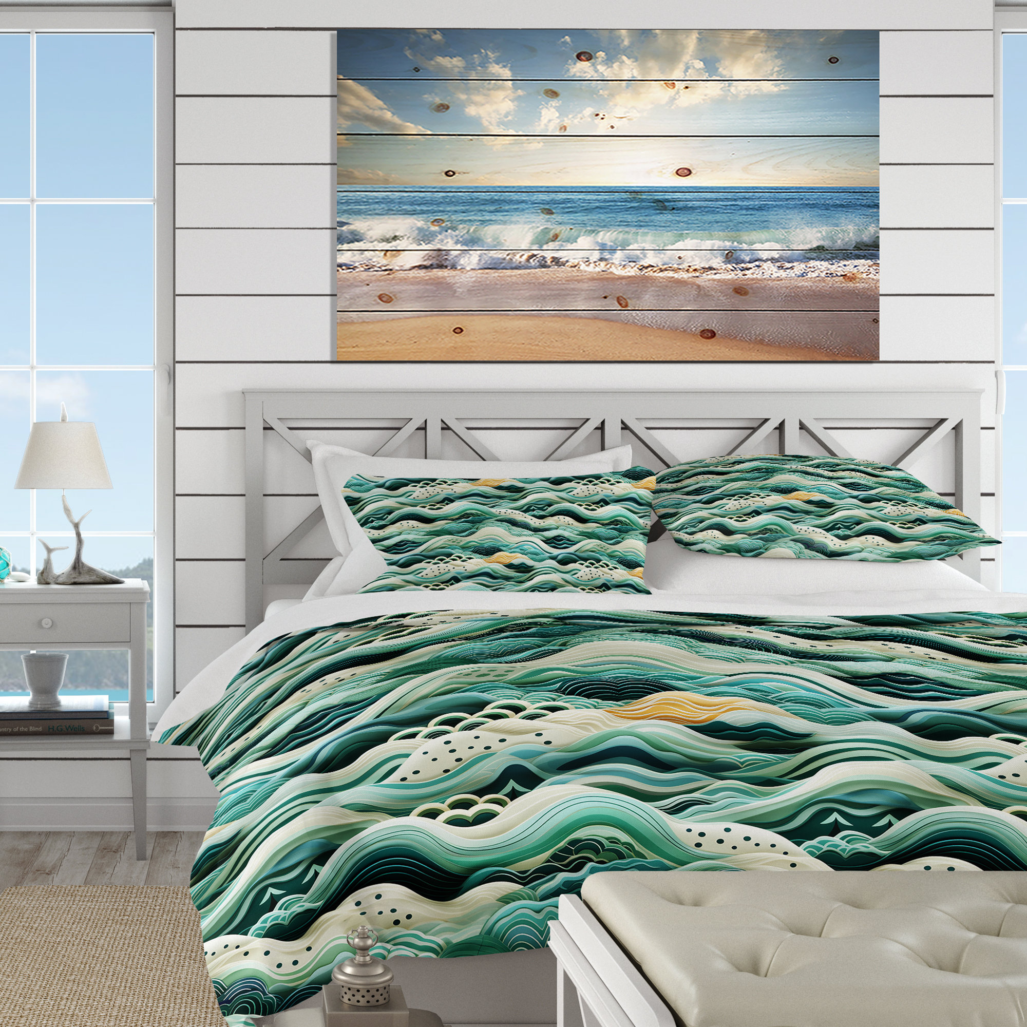 Design Art Coastal Chevron Green Waves Pattern Duvet Cover Set | Wayfair