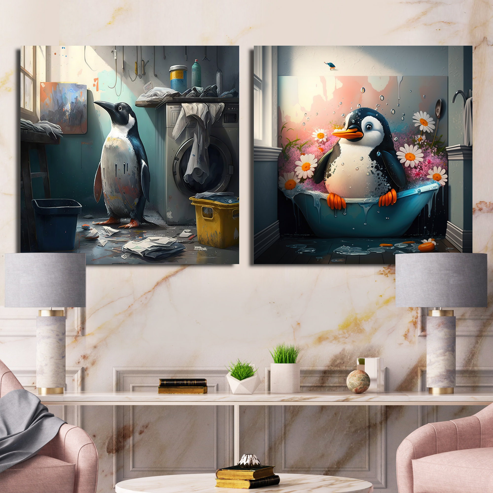 Highland Dunes Cute Penguin Doing Laundry - Animals Square Collage Set Of 2 | Wayfair