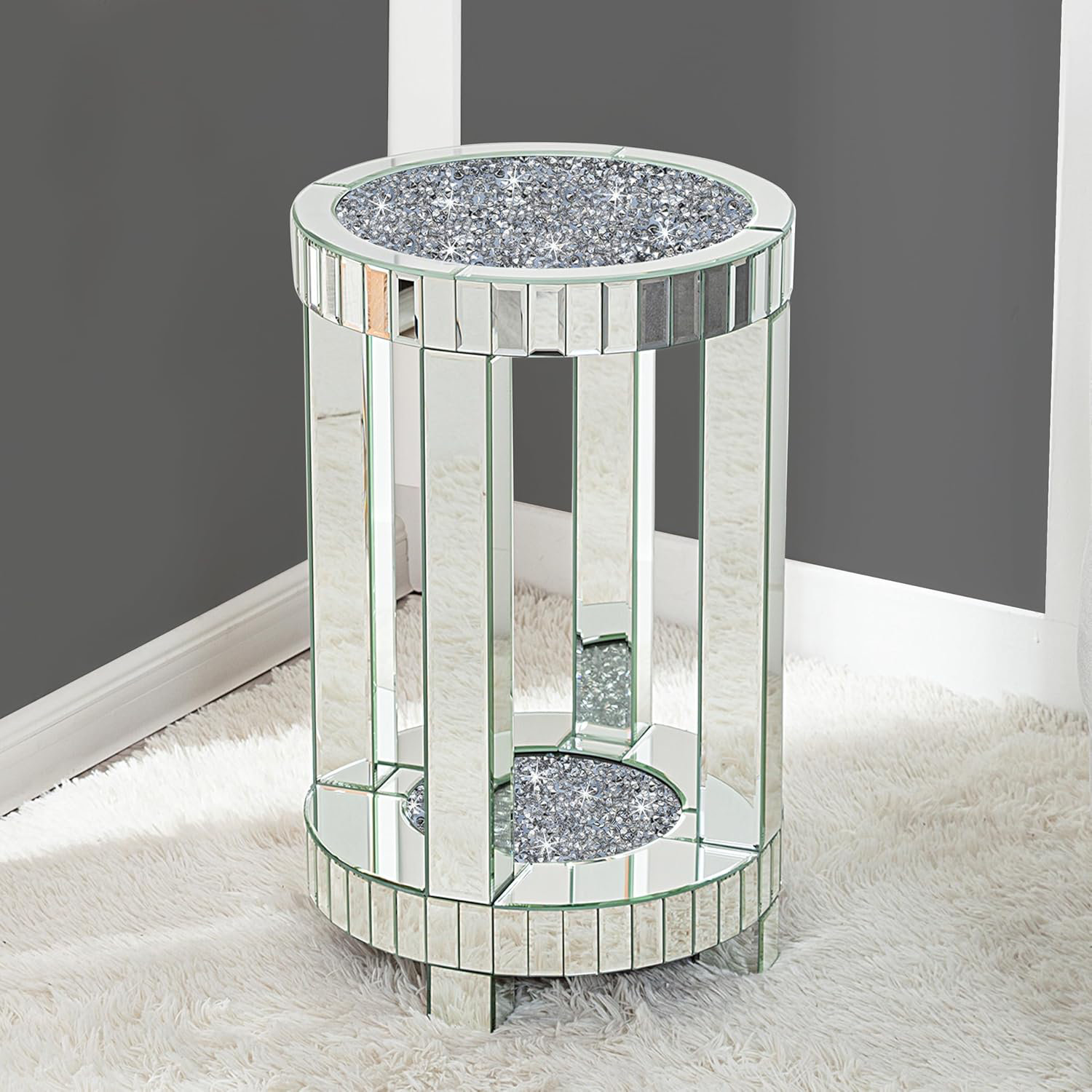 Everly Quinn Modern Round Mirrored End Table With Crystal Inlay, 2-Tier Small Sofa Table With ...