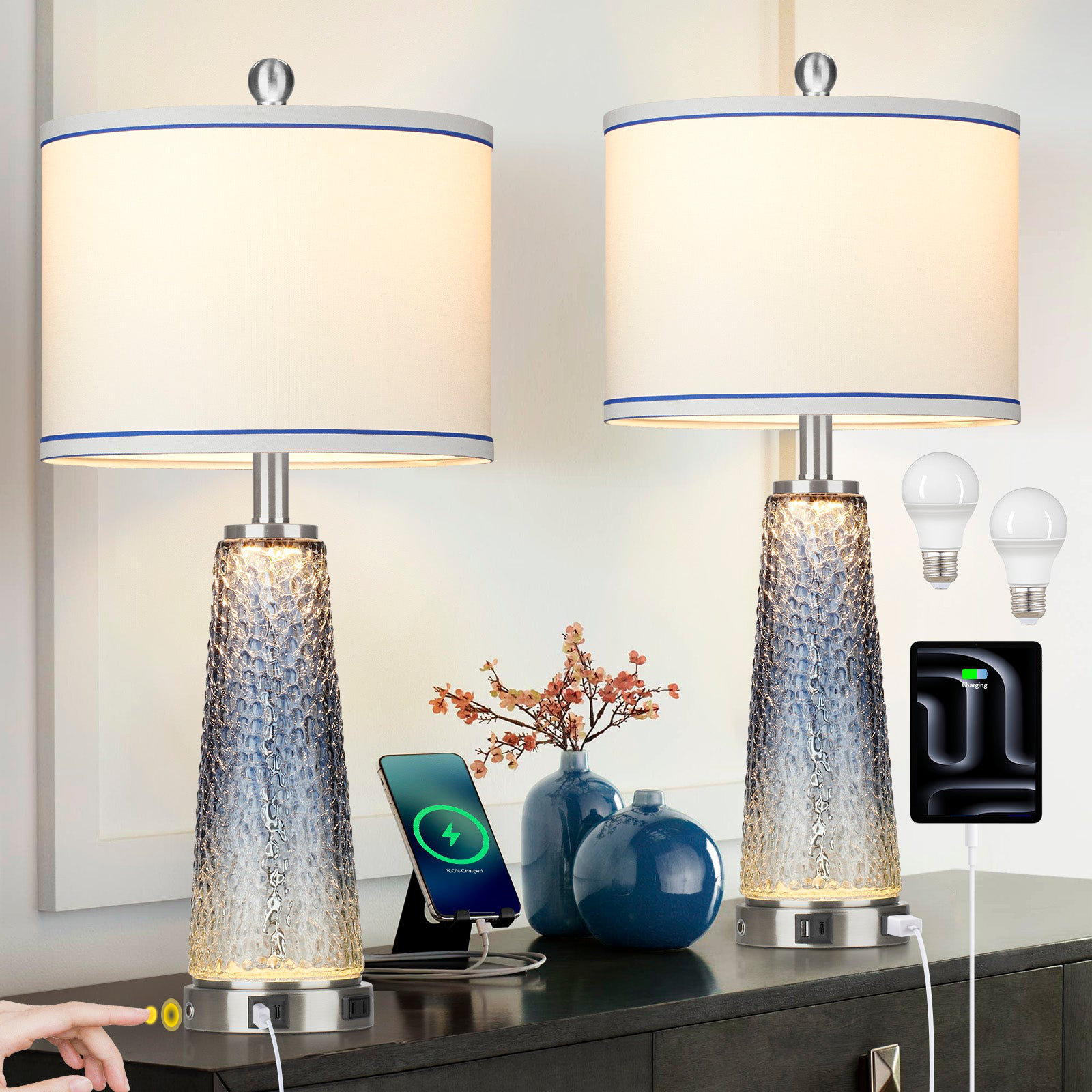 Orren Ellis Taifa Glass Table Lamp with Nightlight and USB Charging ...