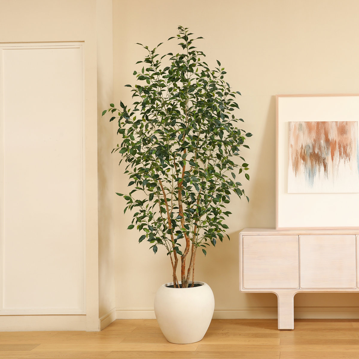 Primrue Adcock 8ft Artificial Ficus Tree with White Tall Planter, Faux ...