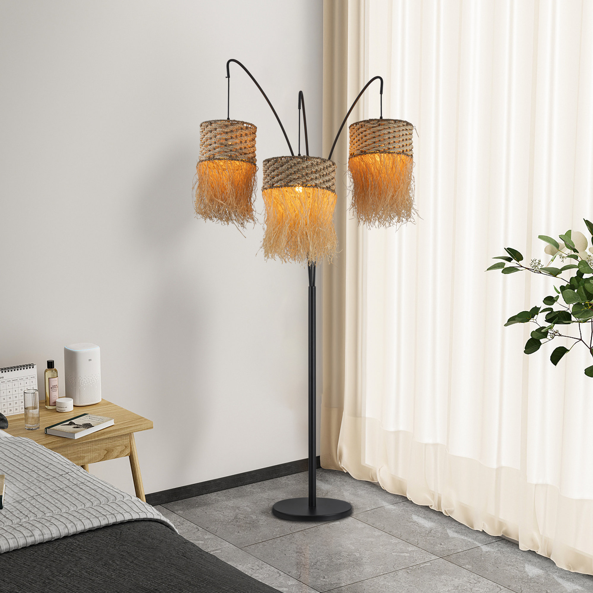 Bayou Breeze Amber 3-light 72" Rattan Raffia Arc Floor Lamp In Matte ...