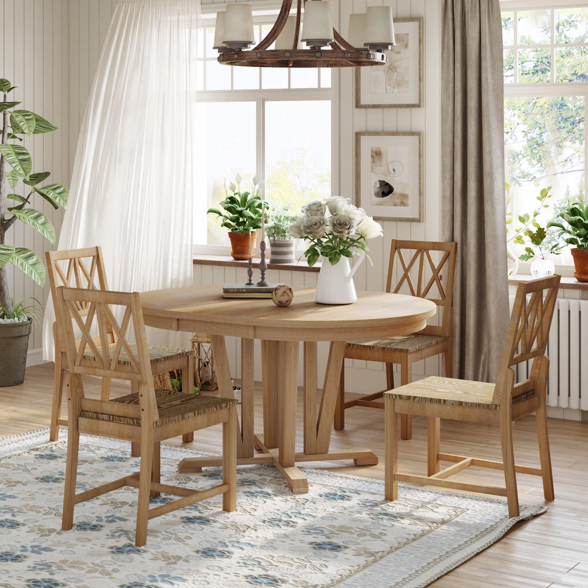 Gracie Oaks Rustic 5-Piece Extendable Dining Table Set Round Trestle ...