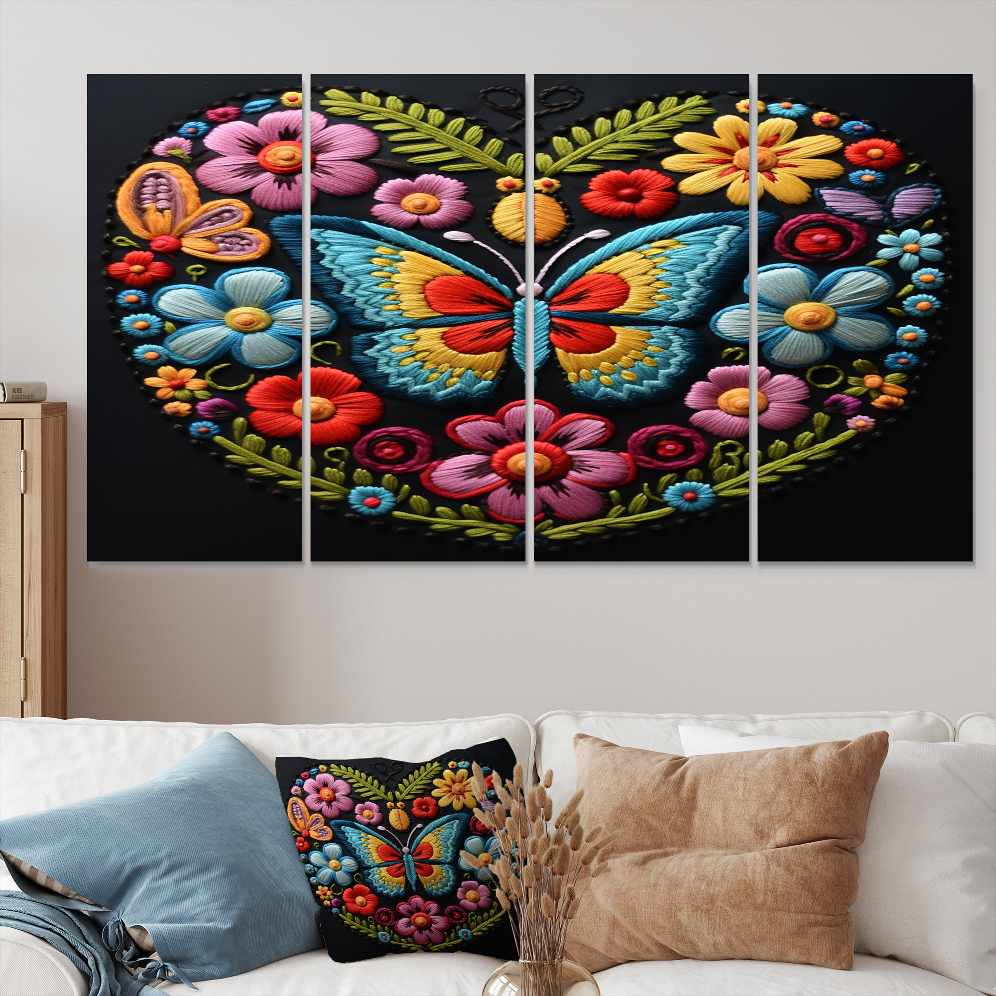 Design Art Floral Boho Papillon Embroidery - Butterfly Animal Wall Art ...