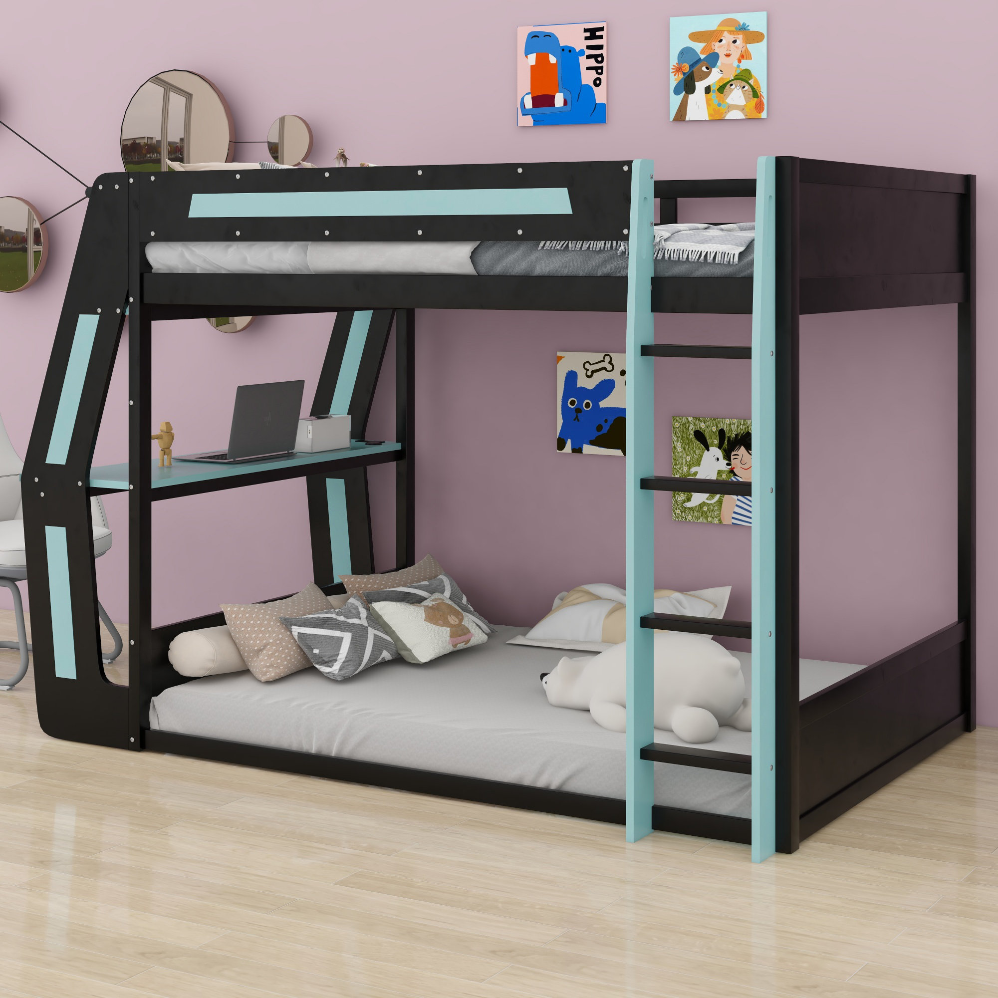 Wrought Studio™ Gaming Bunk Bed With Side-Mounted Oversized RGB Desk ...