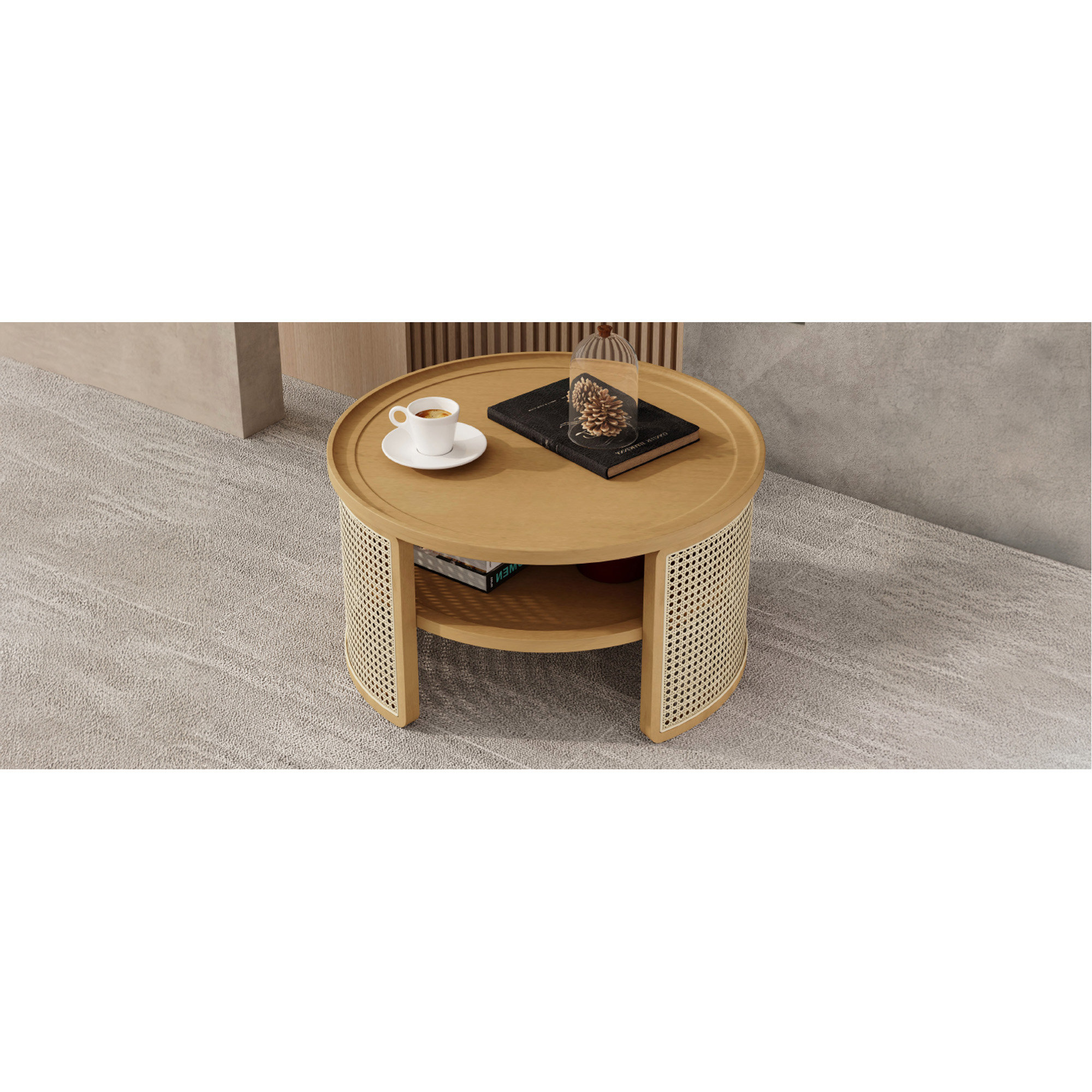 Bayou Breeze Natural Wood And Rattan Coffee Table With Storage And ...