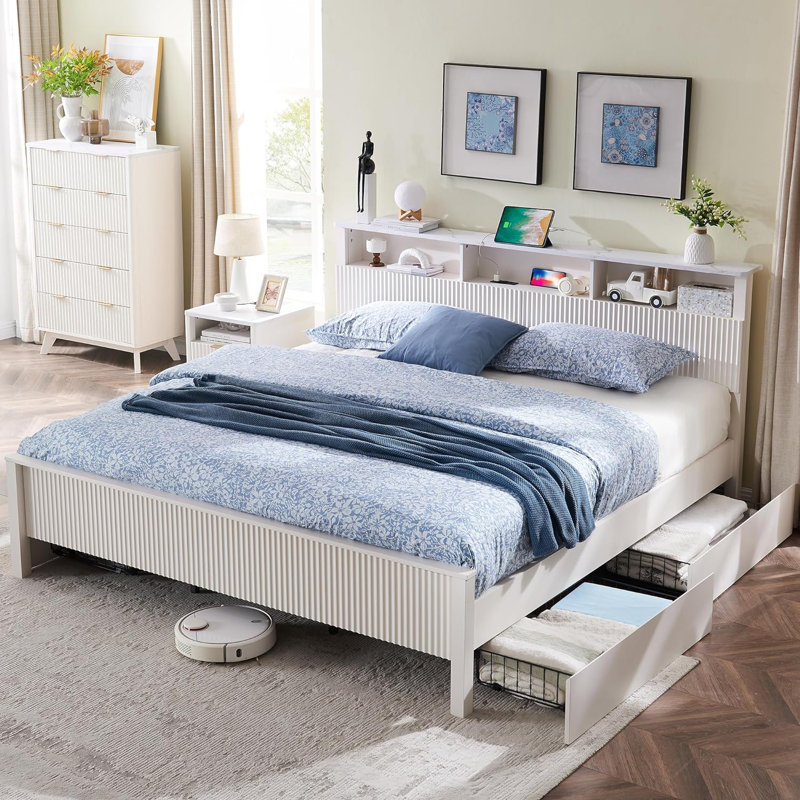 Red Barrel Studio® Alteo Fluted Panel Bed Frame With Charging Station ...