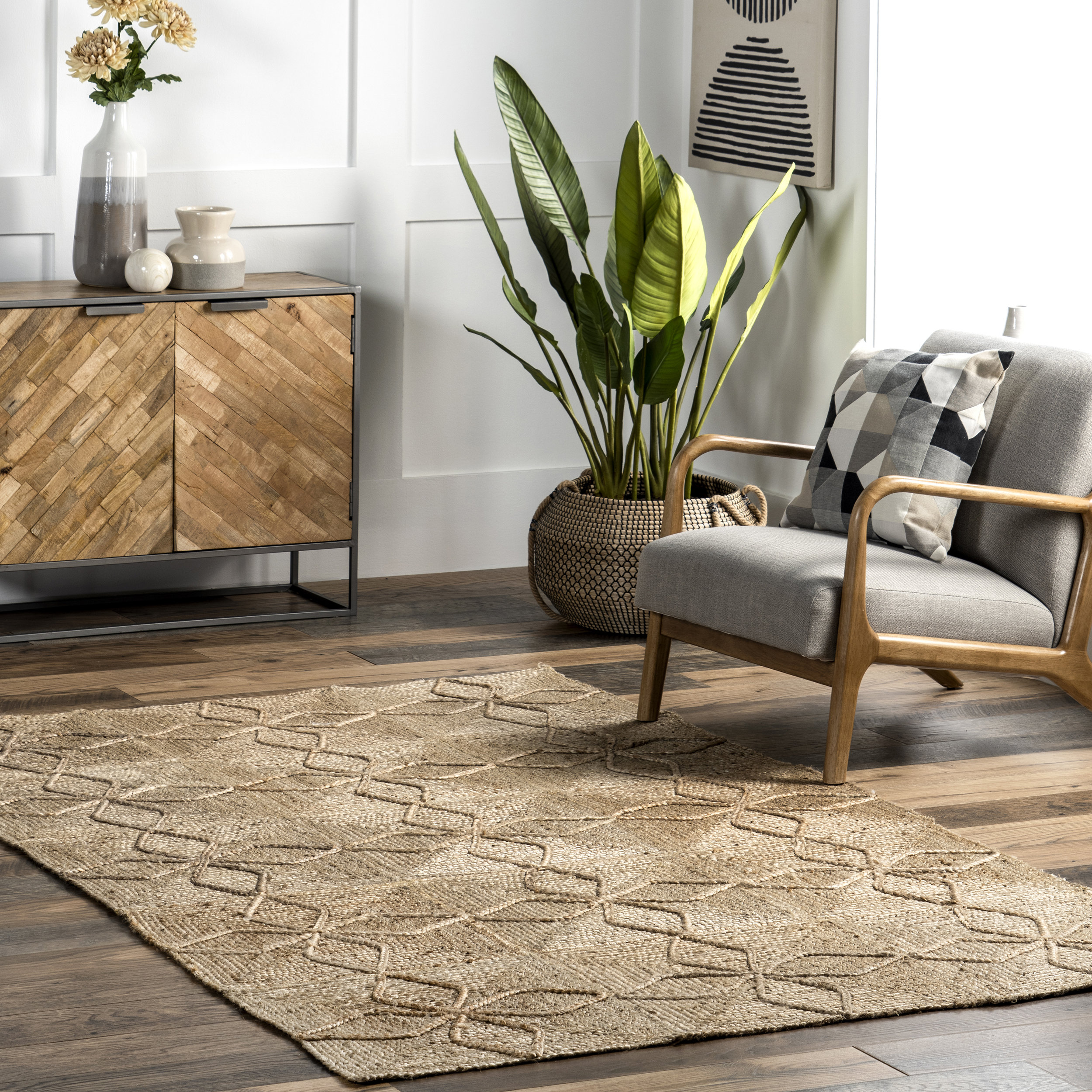 Bayou Breeze Brigetta Geometric Floral Jute Area Rug | Wayfair