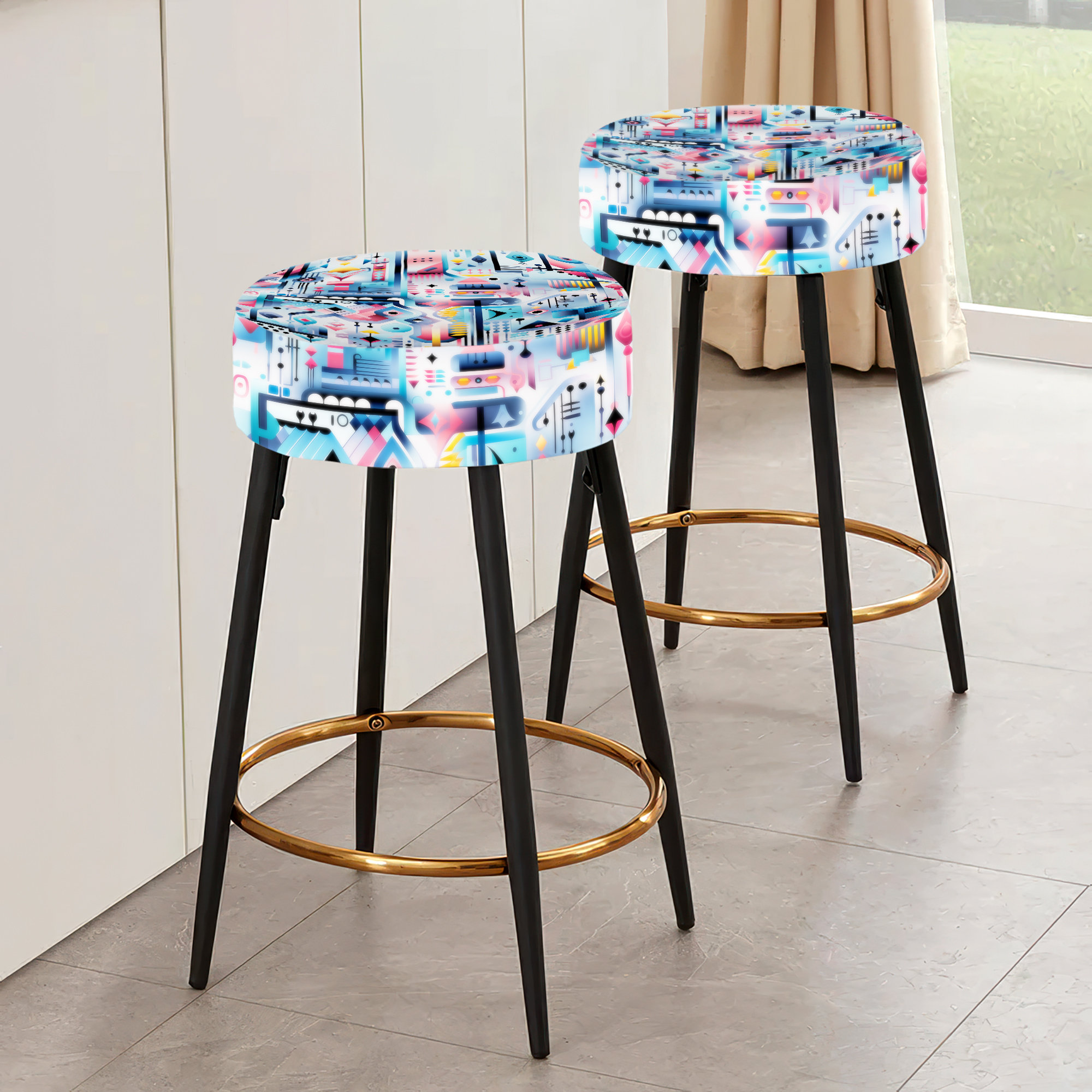 Design Art Blue Prismatic Digital Dreams Embrace - Geometric Bar Stools ...
