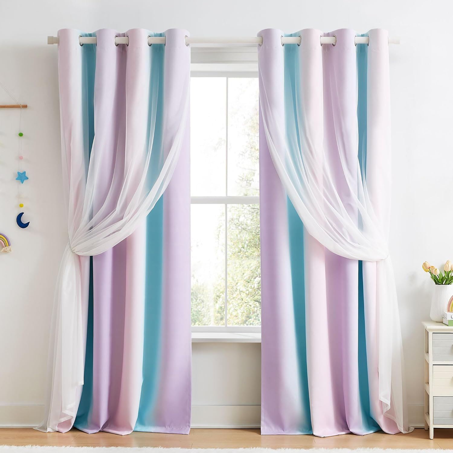 Orren Ellis Ombre Blackout Curtains, Sheer Overlay Mix and Match Double ...
