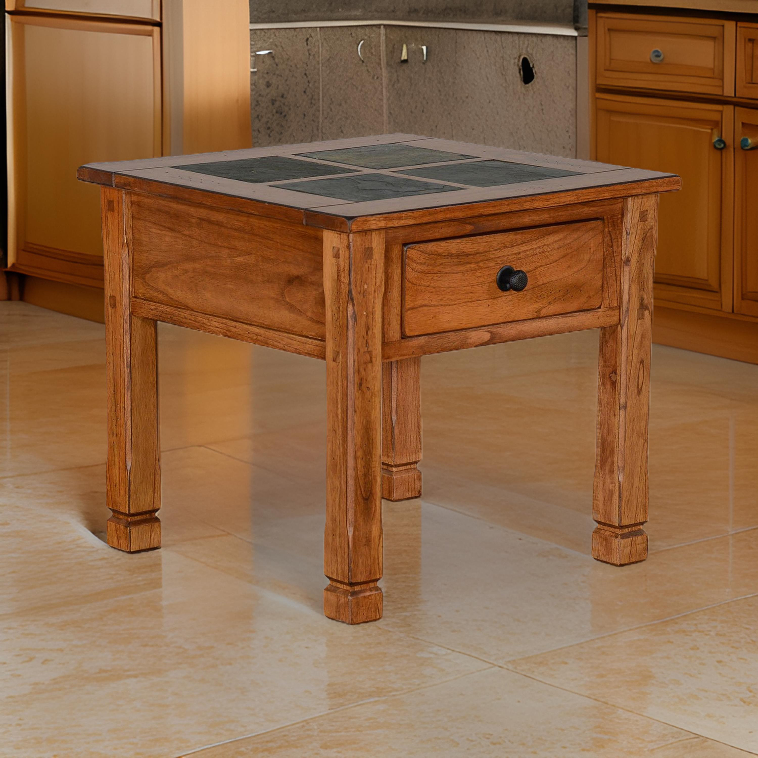 Benjara Marv Side End Table w Drawer, 26 Inch Square Slate Inlay Top ...