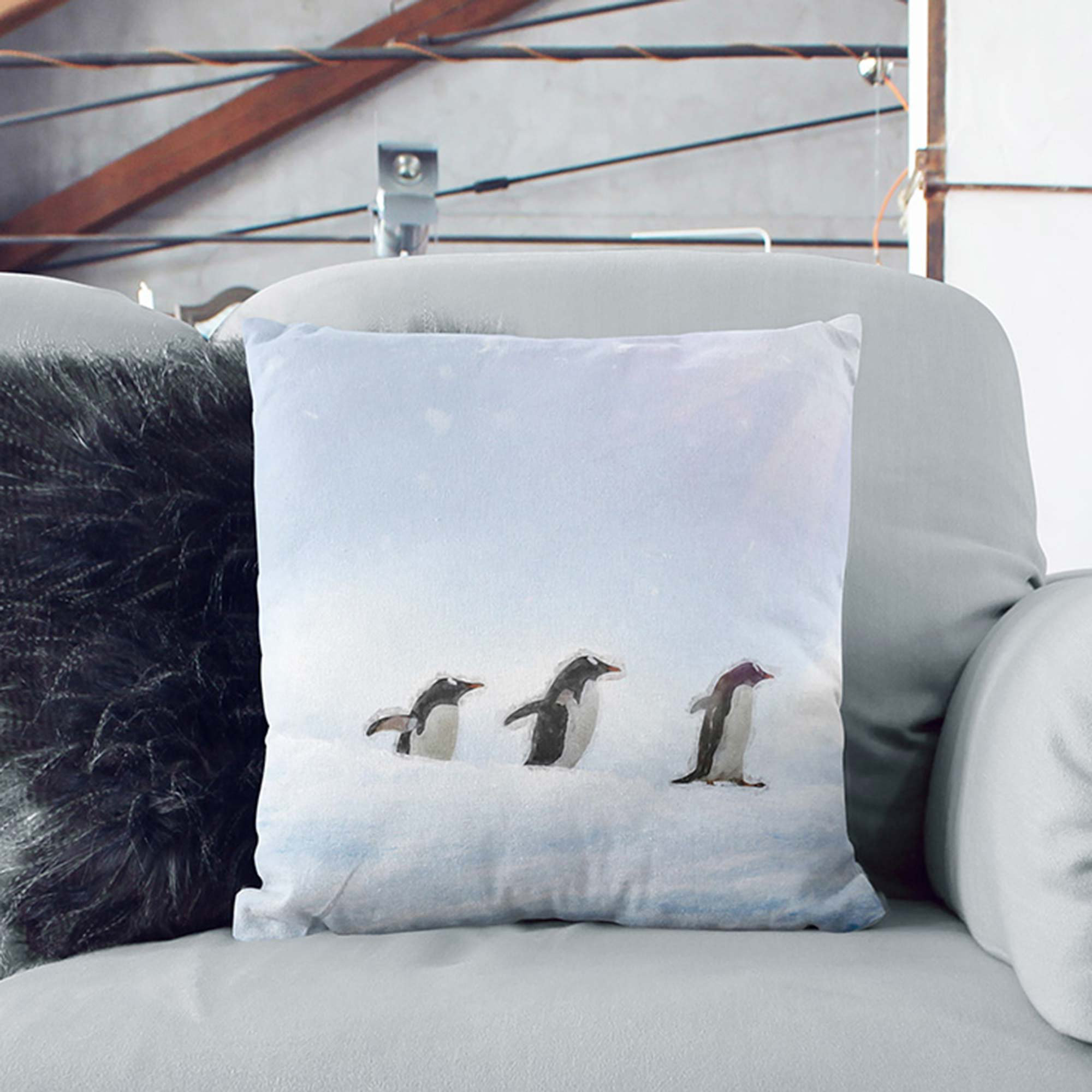 East Urban Home Three Penguins in the Antarctica Cushion with Filling ...