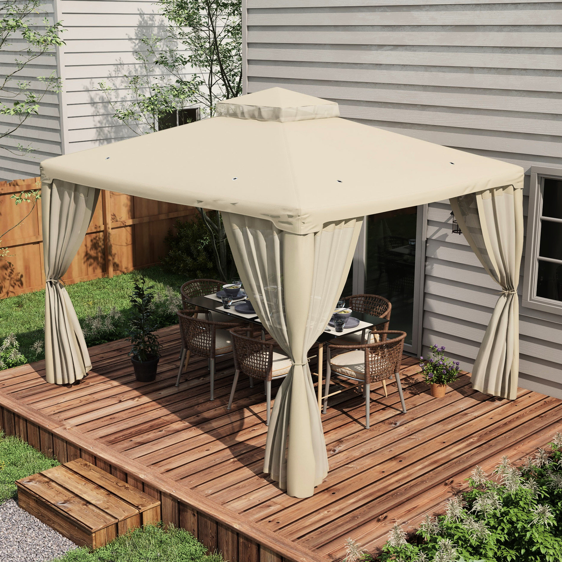 Latitude Run® Cream White Patio Gazebo, With 2 Roof And Netting ...