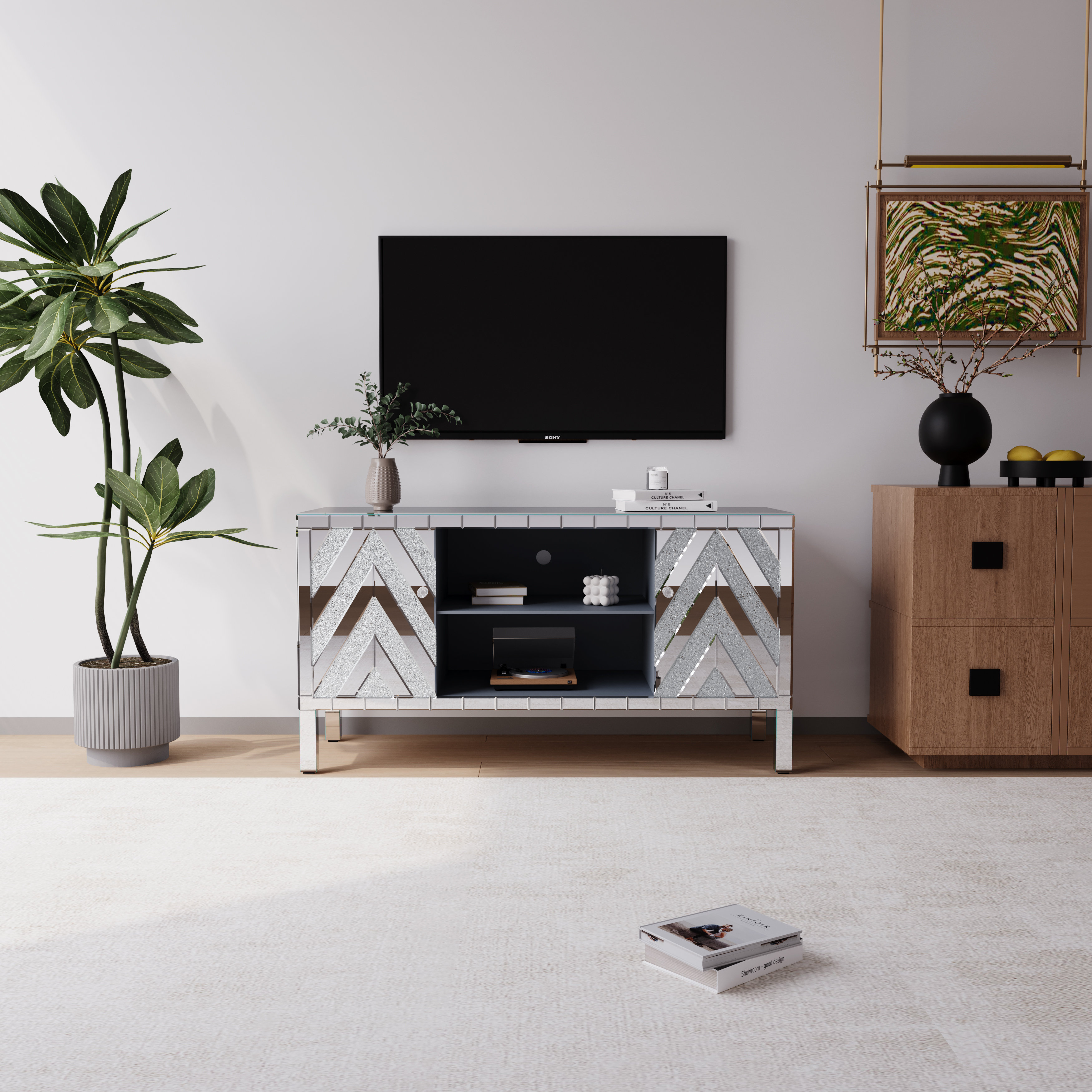 Mercer41 Mirrored Tv Stand For Tvs Up To 65", Silver Tv Console Table ...