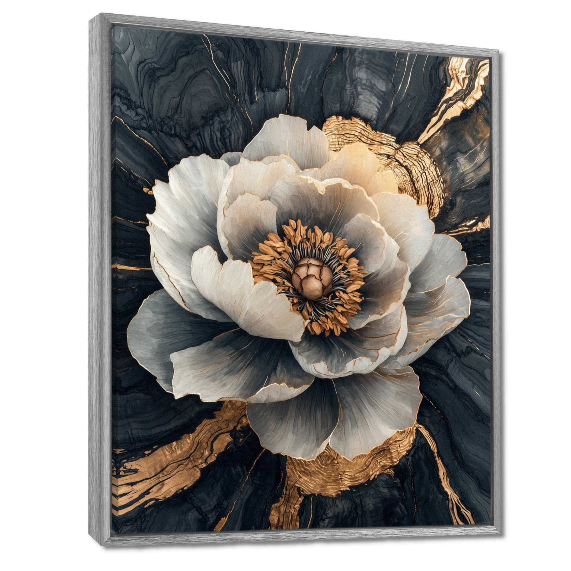 House of Hampton® Munni Abstract Goldern Peonies On Dark Wood Slide I - Peonies Large Wall Art ...