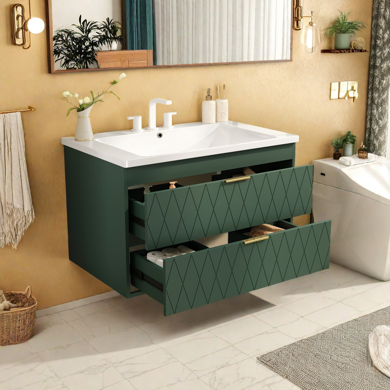Ebern Designs Wall Mounted Bathroom Vanity With Solid Wood Frame, High ...