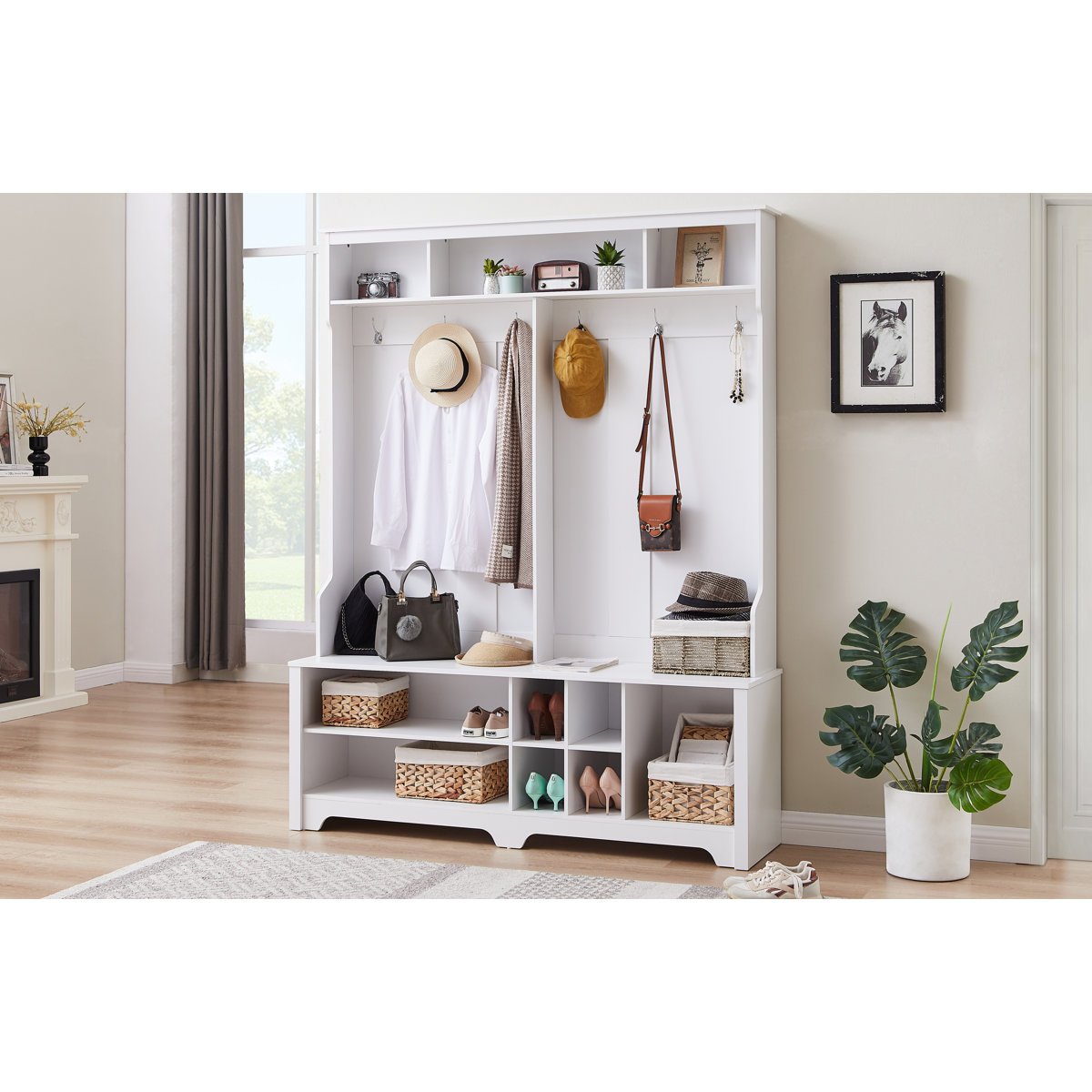 Lark Manor™ Modern 4-In-1 Hall Tree With 6 Coat Rack And Shoe Cubbies ...