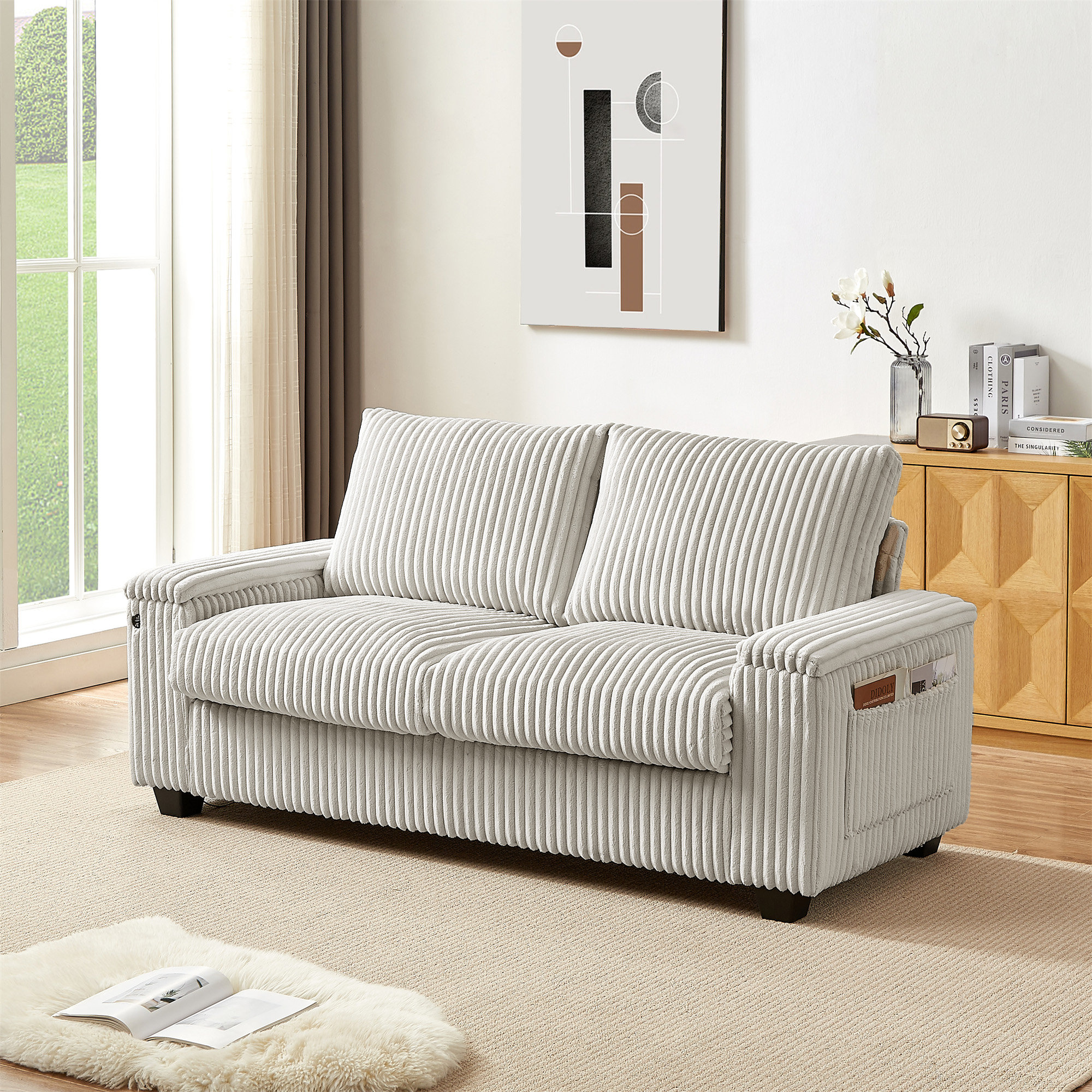 Mercer41 Port USB avec accoudoir carré en tissu velours côtelé 71 po ...
