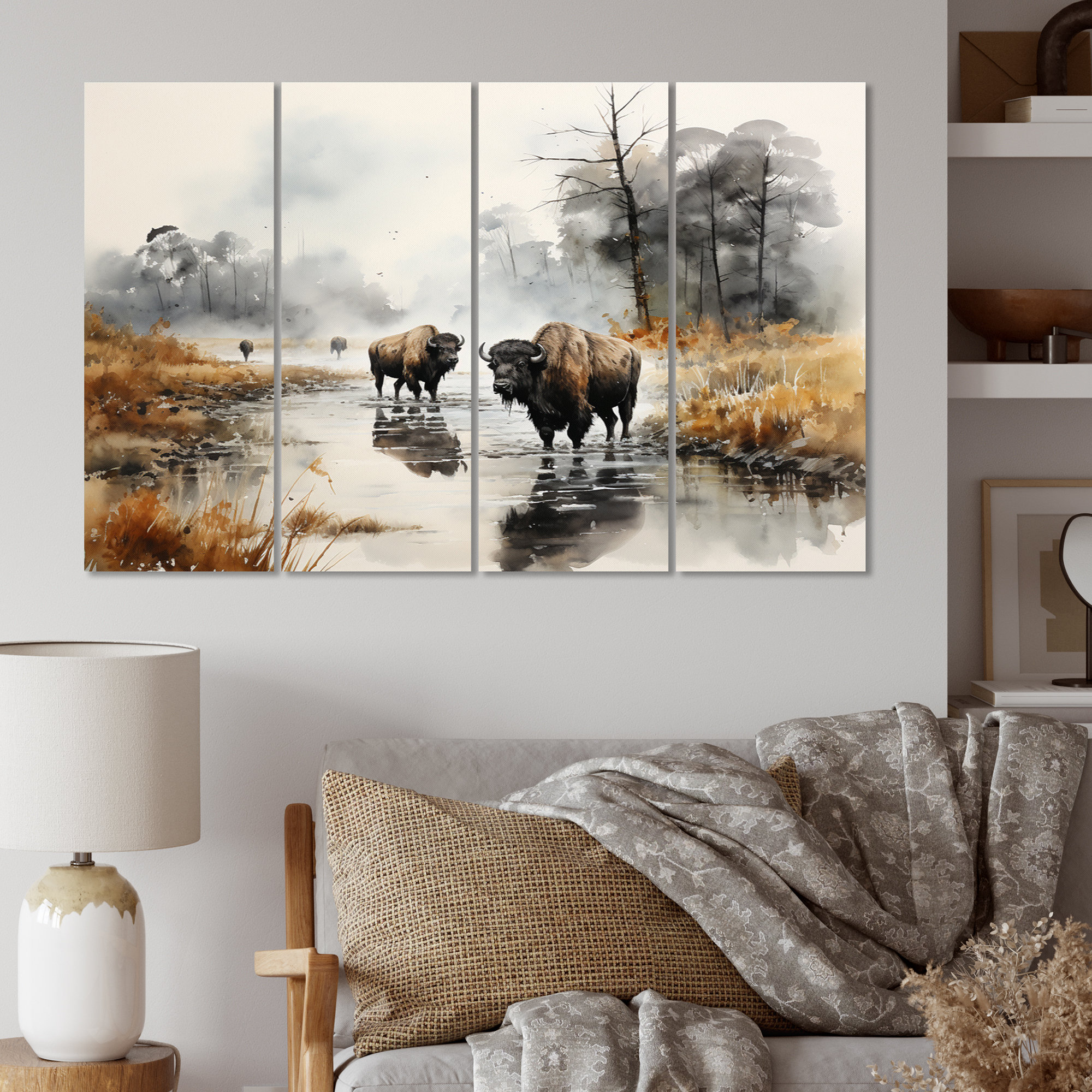 DesignArt Grey Buffalo Misty Morning Grazing II " Gray Buffalo Misty ...