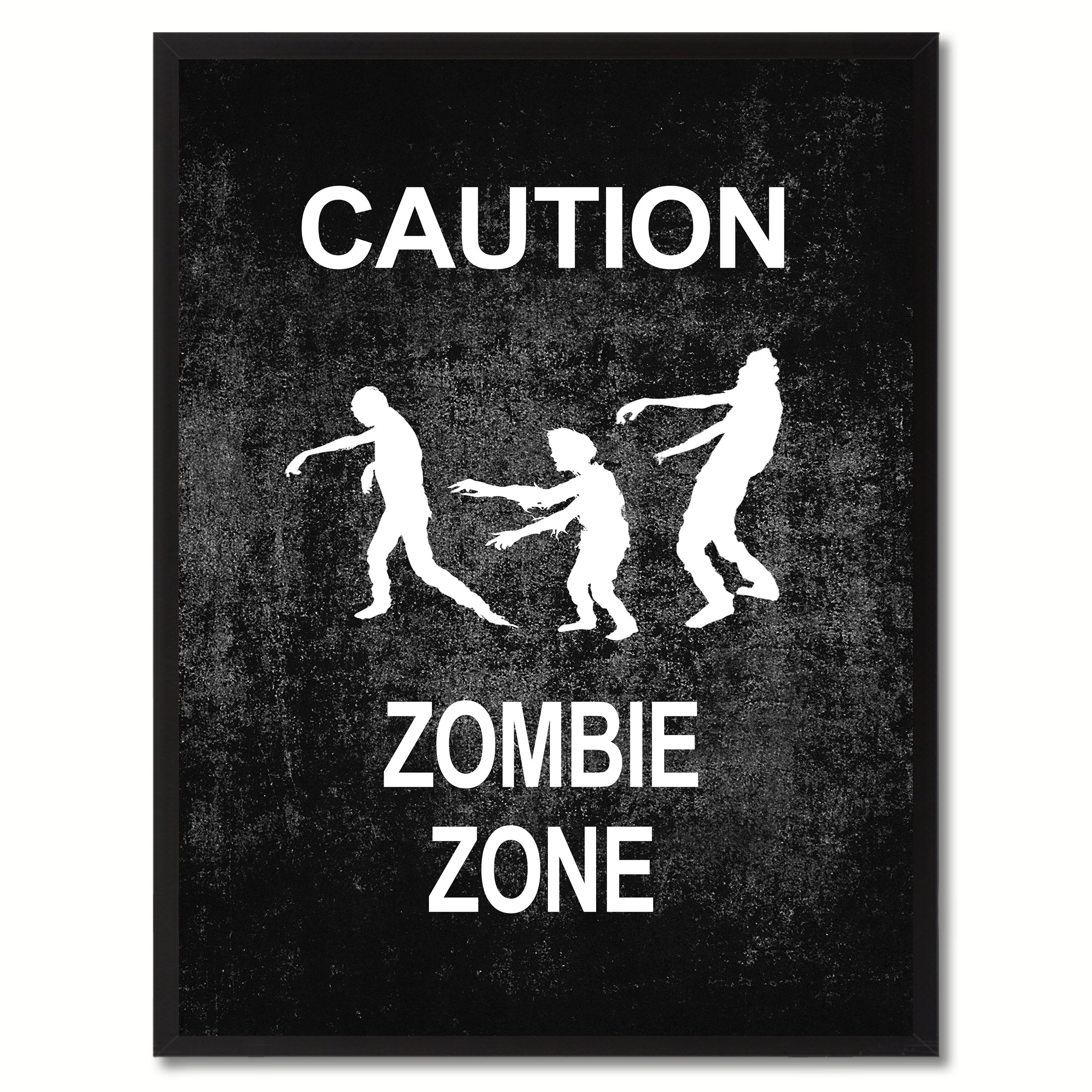 Trinx Caution Zombie Zone Sign Black Print on Canvas with Picture Frame ...
