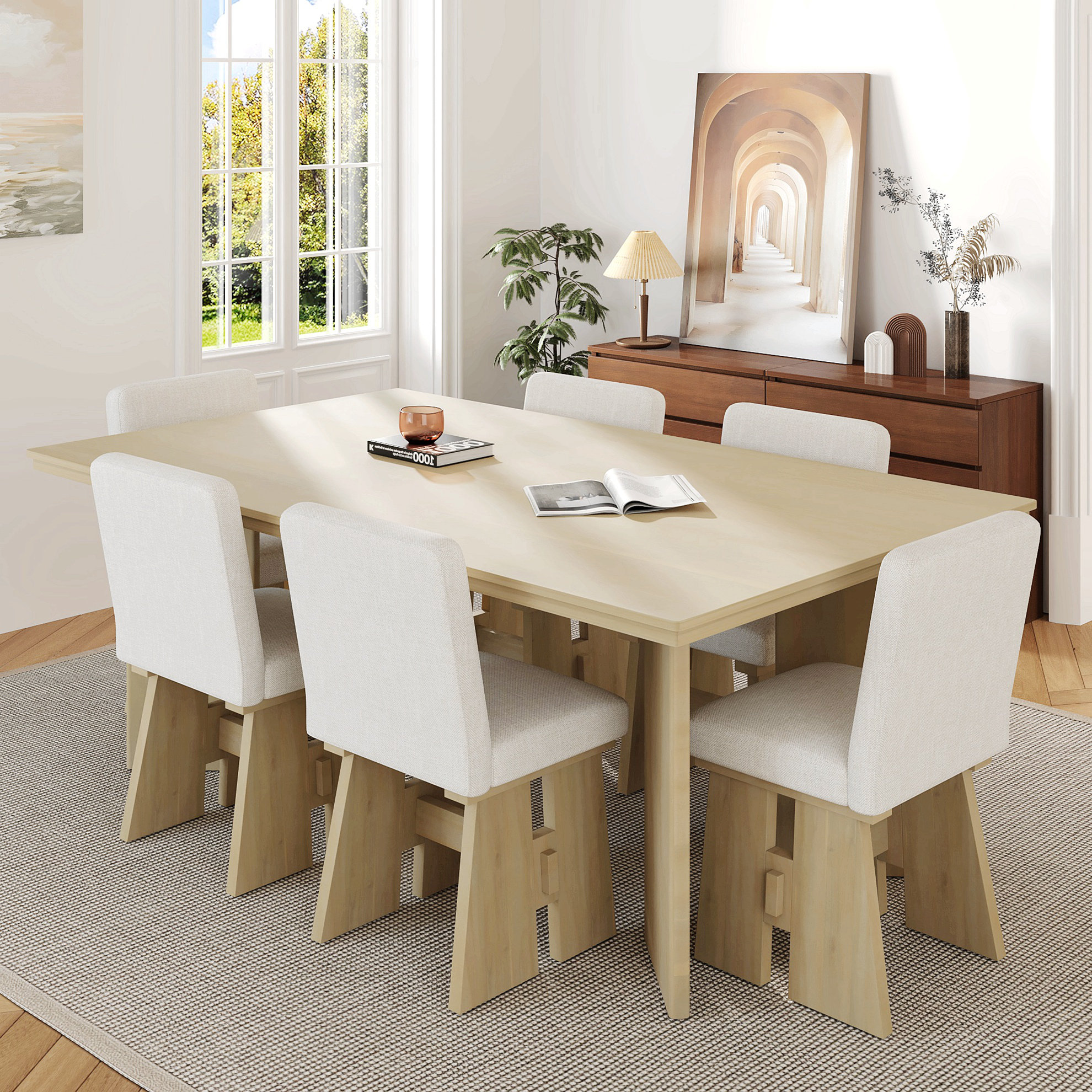 Hokku Designs TOPMAX Modern 7-Piece Dining Table Set With 6 Upholstered ...