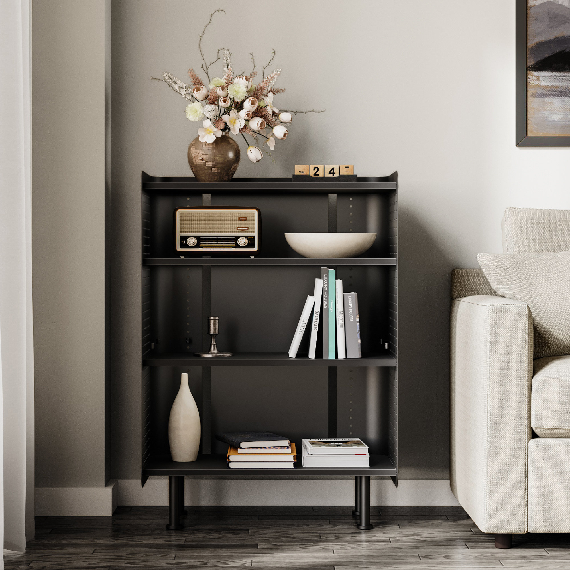 17 Stories 4 Tier Bookshelf, Modern Open Bookcase with Pegboard | Wayfair