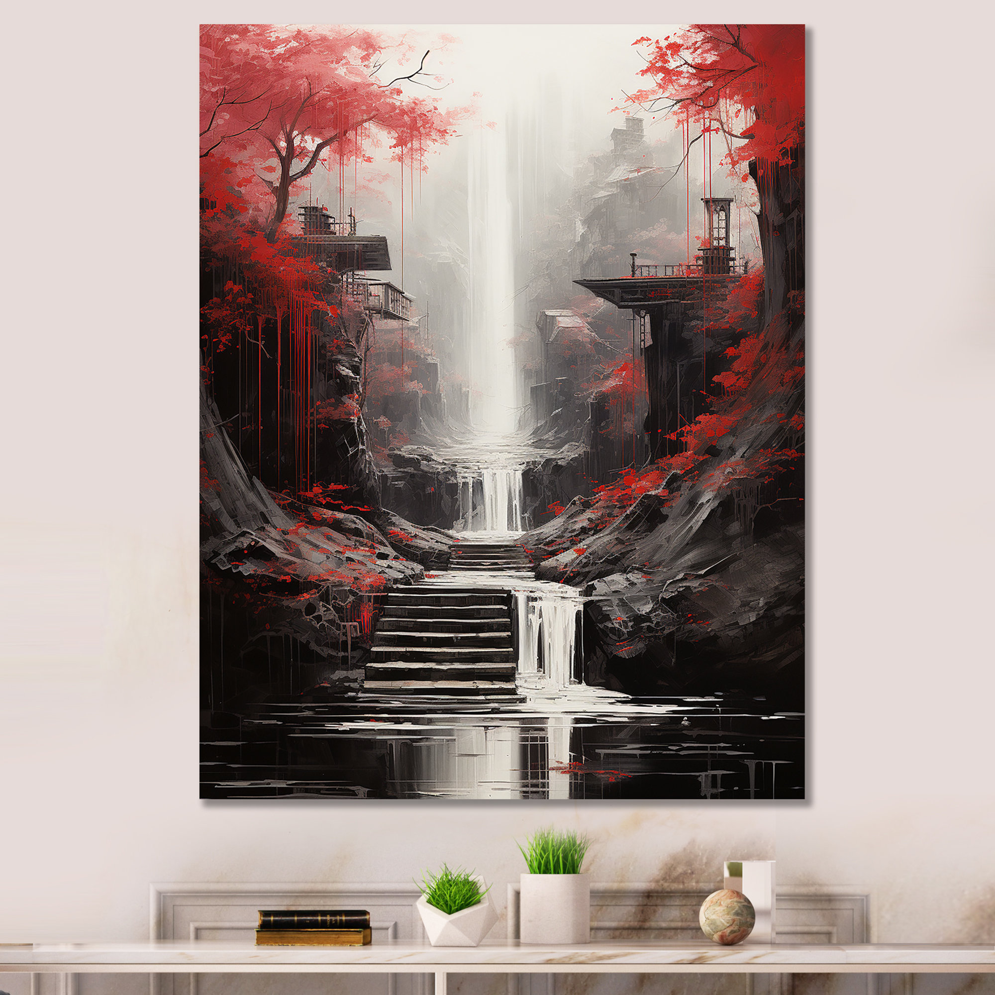 Millwood Pines Red Tree Endless Waterfall Journey On Canvas Print | Wayfair