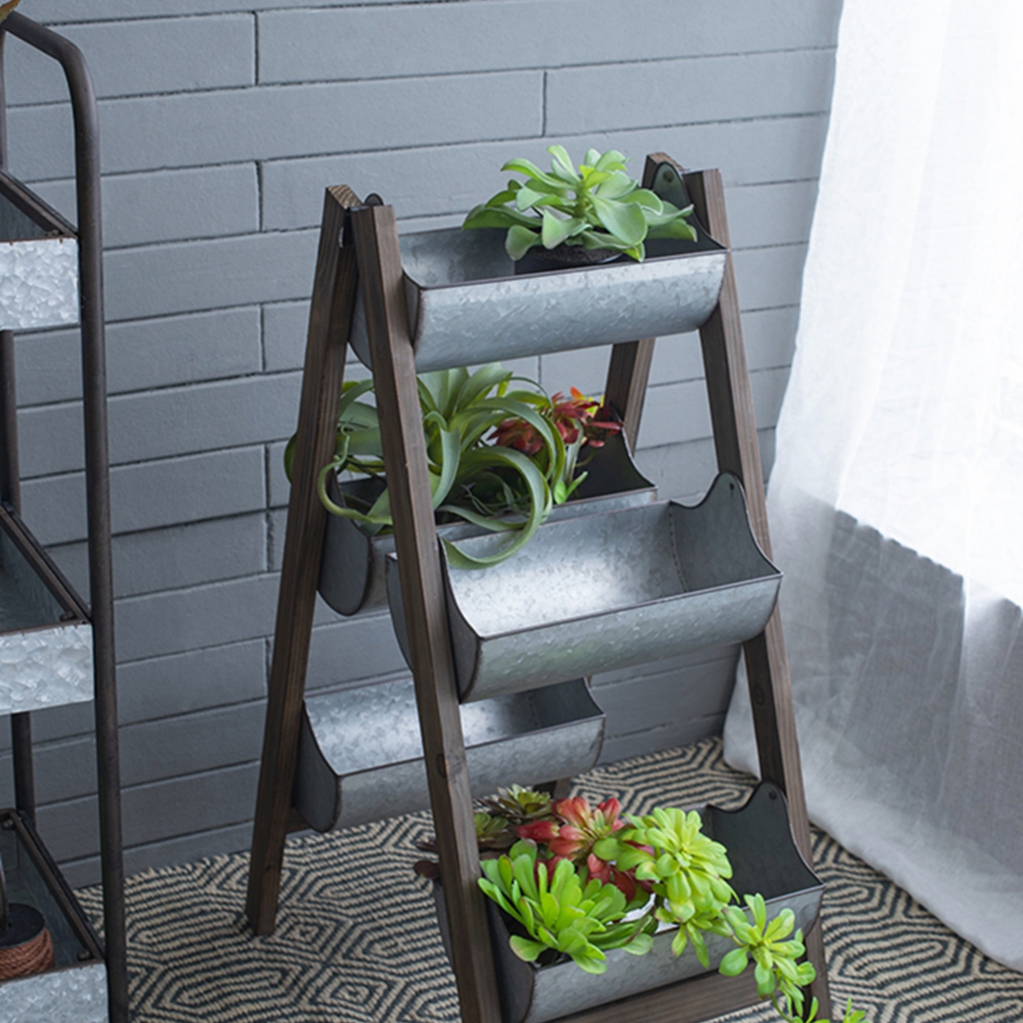 17 Stories Farmhouse Foldable Reed Galvanized and Wood Ladder Planter ...