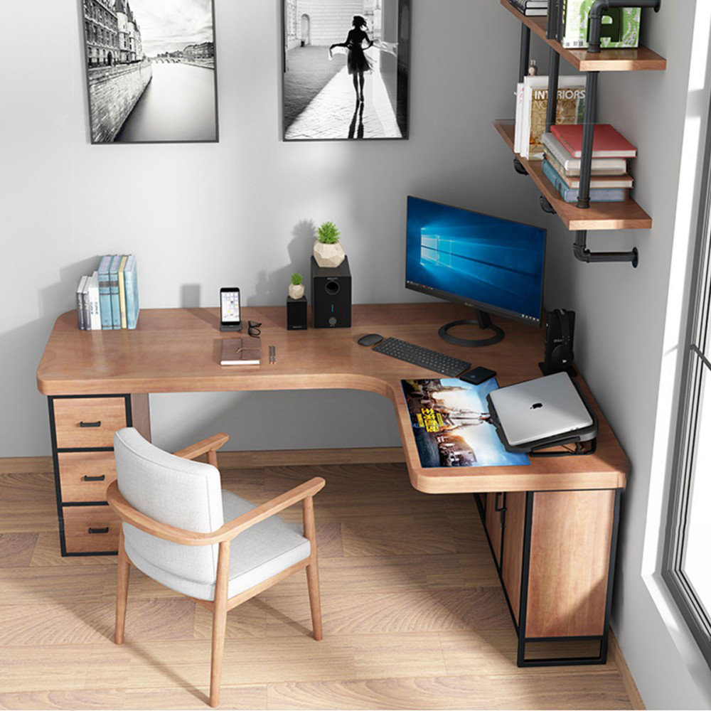 Furnire Lewi 70.87"Cherry wood L-Shaped Solid Wood Office Sets ...