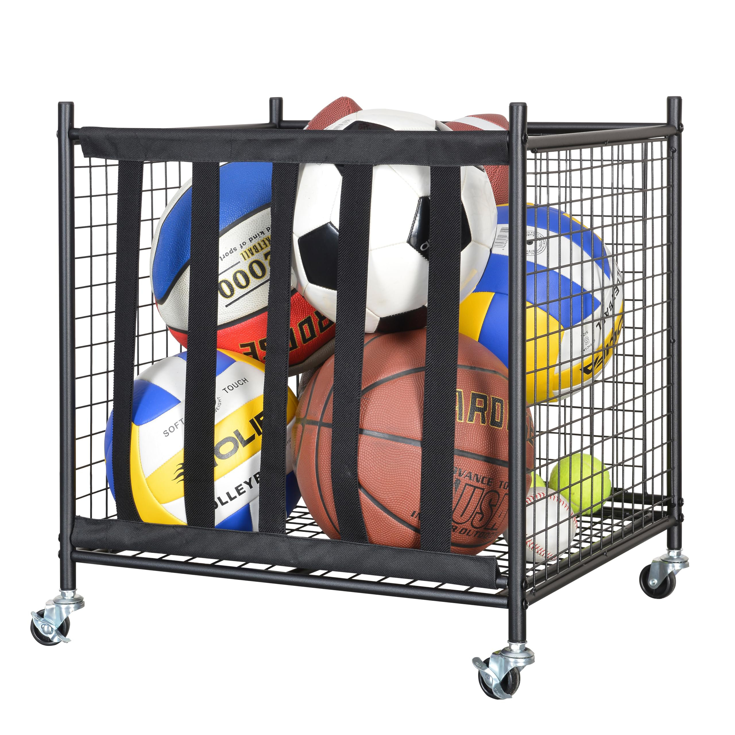 Rebrilliant Basket And Hooks Lockable Sports Ball Cage Storage Rack For ...