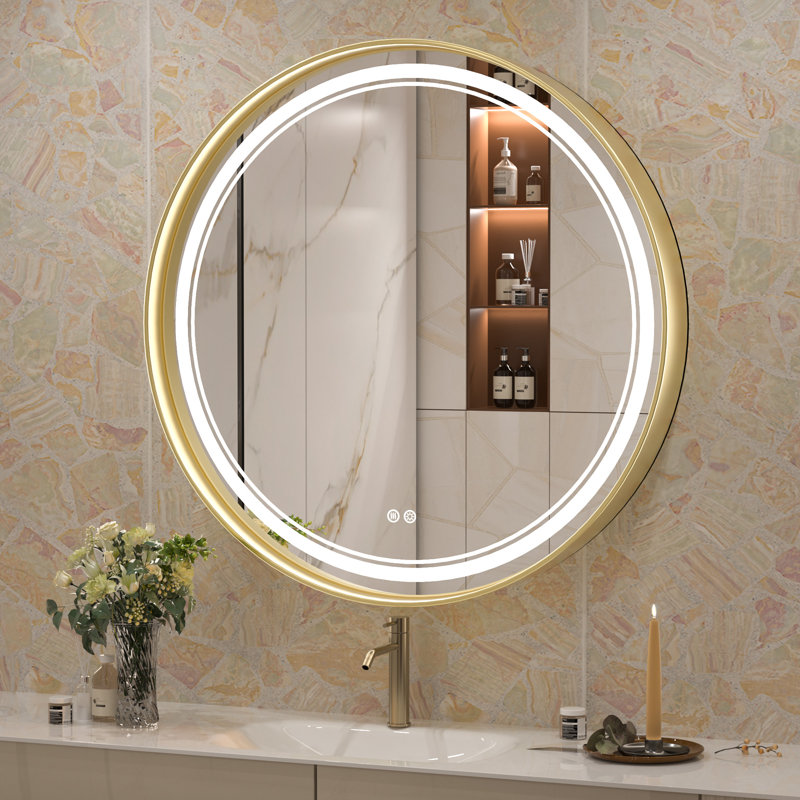 Latitude Run® Lawnmount Round Vanity Mirror LED Lighted Metal Wall ...