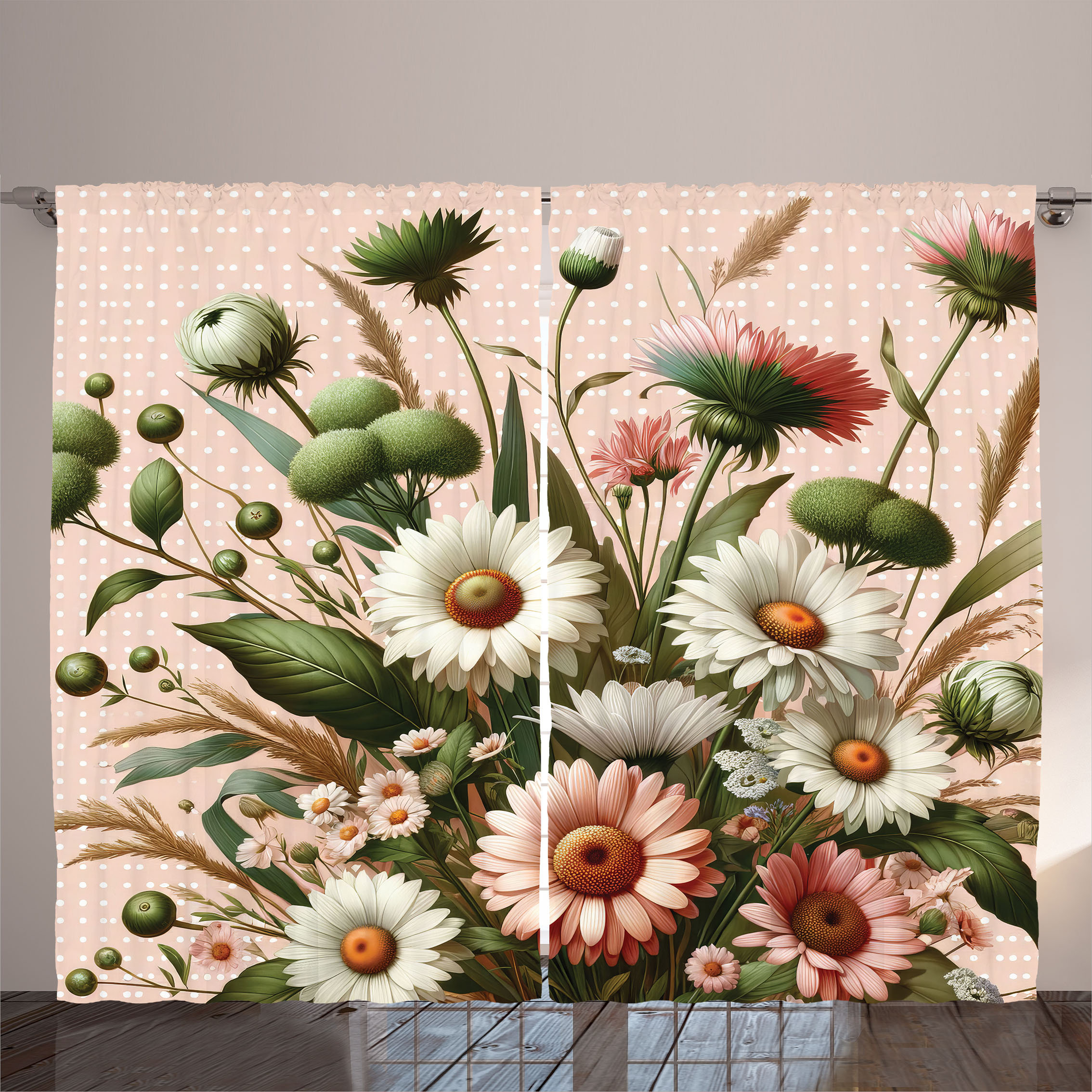 Ambesonne Curtains 2 Panel Set, Blushing Blooms, Blush Forest Green Pink | Wayfair