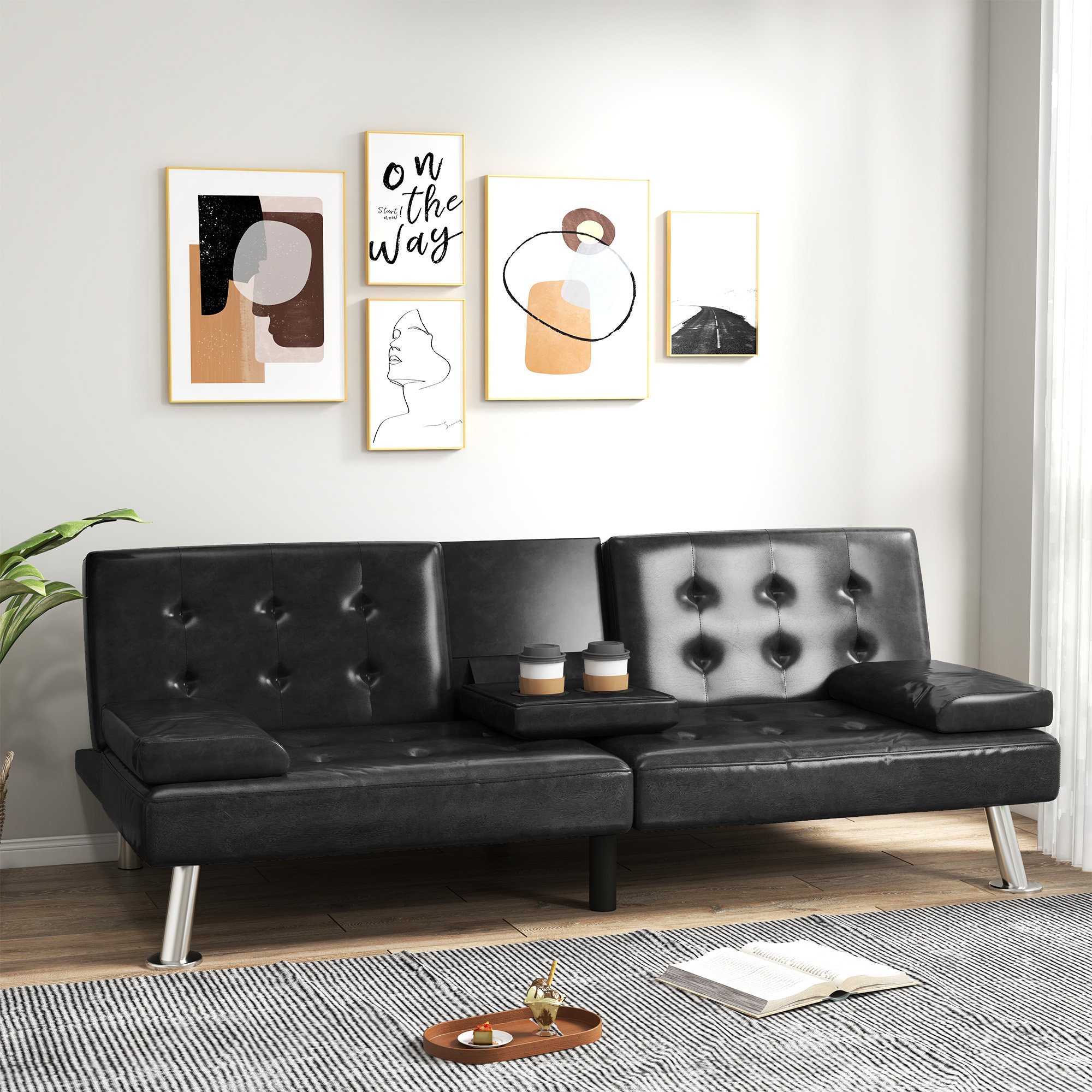 Ebern Designs Convertible Futon Sofa Bed Faux Leather Upholstered ...