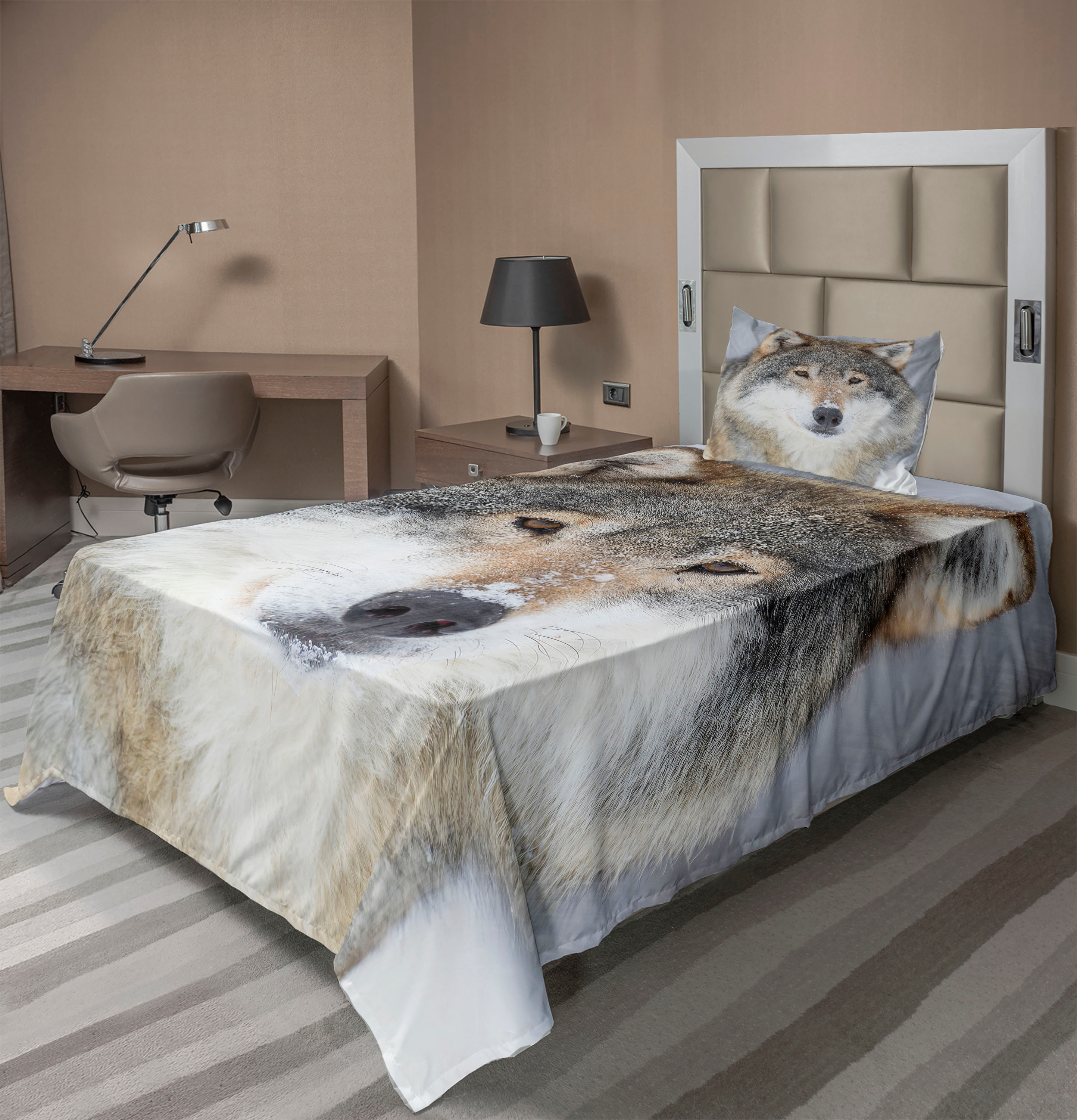 Ambesonne Wolf Sheet SetCloseup of a Wild Animal Print Dark Brown Ecru ...
