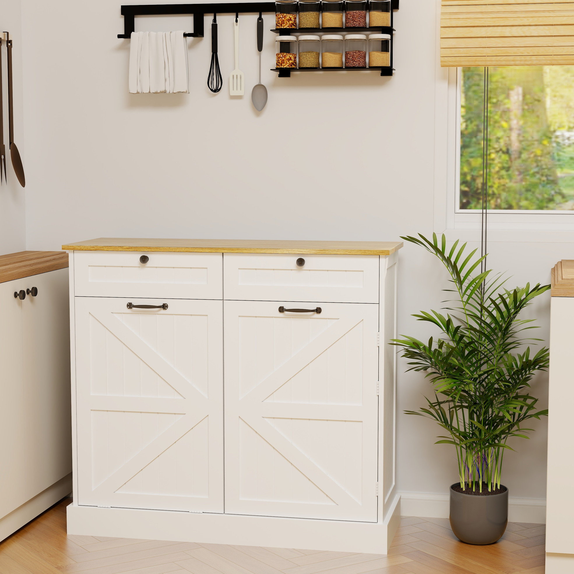 Latitude Run® Modern White Kitchen Trash Holder With 2 Drawers, 1 Door ...