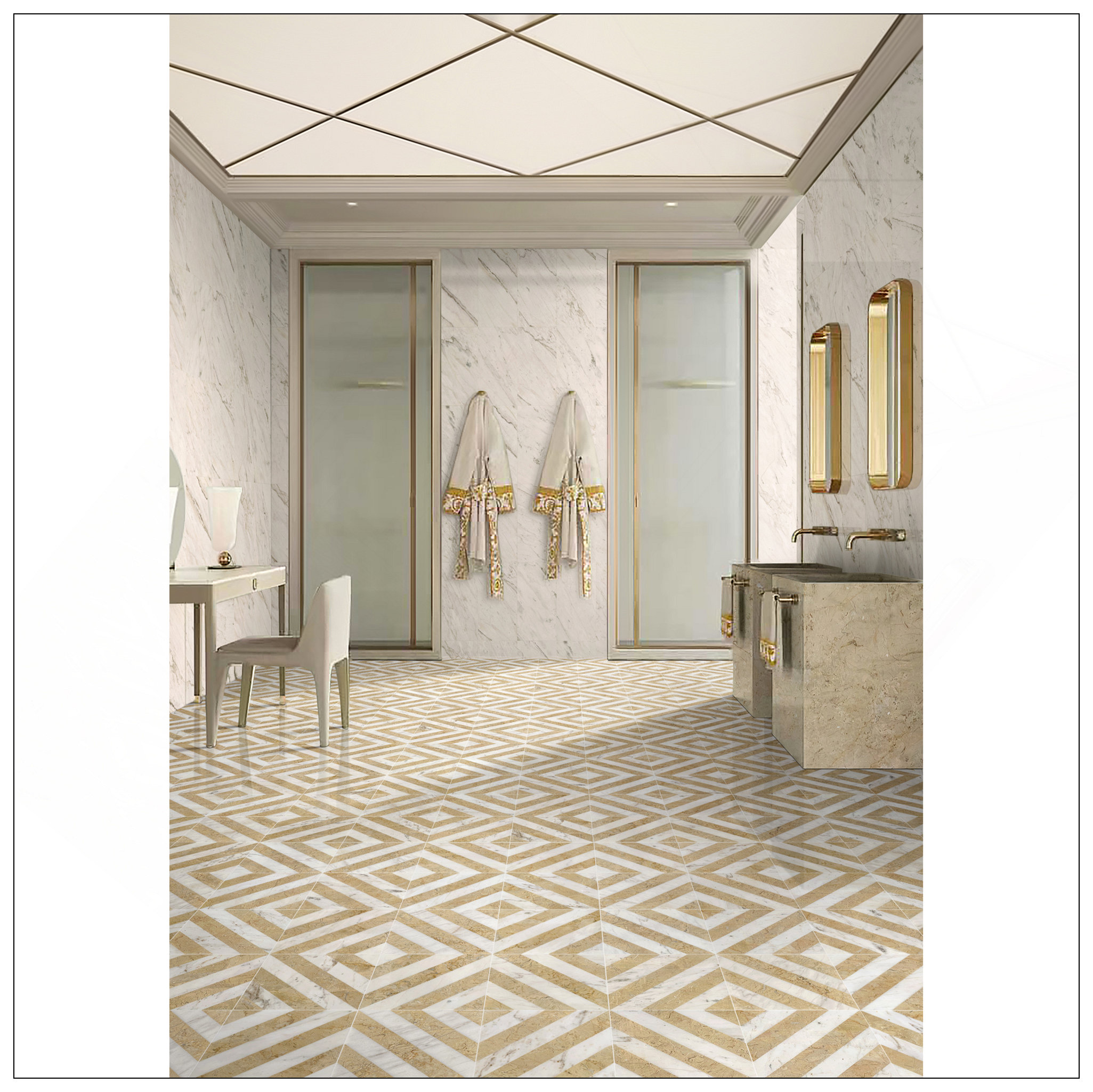 REDmintss 12X12 Waterjet Polished Marble Tiles, White And Gold, Natural ...
