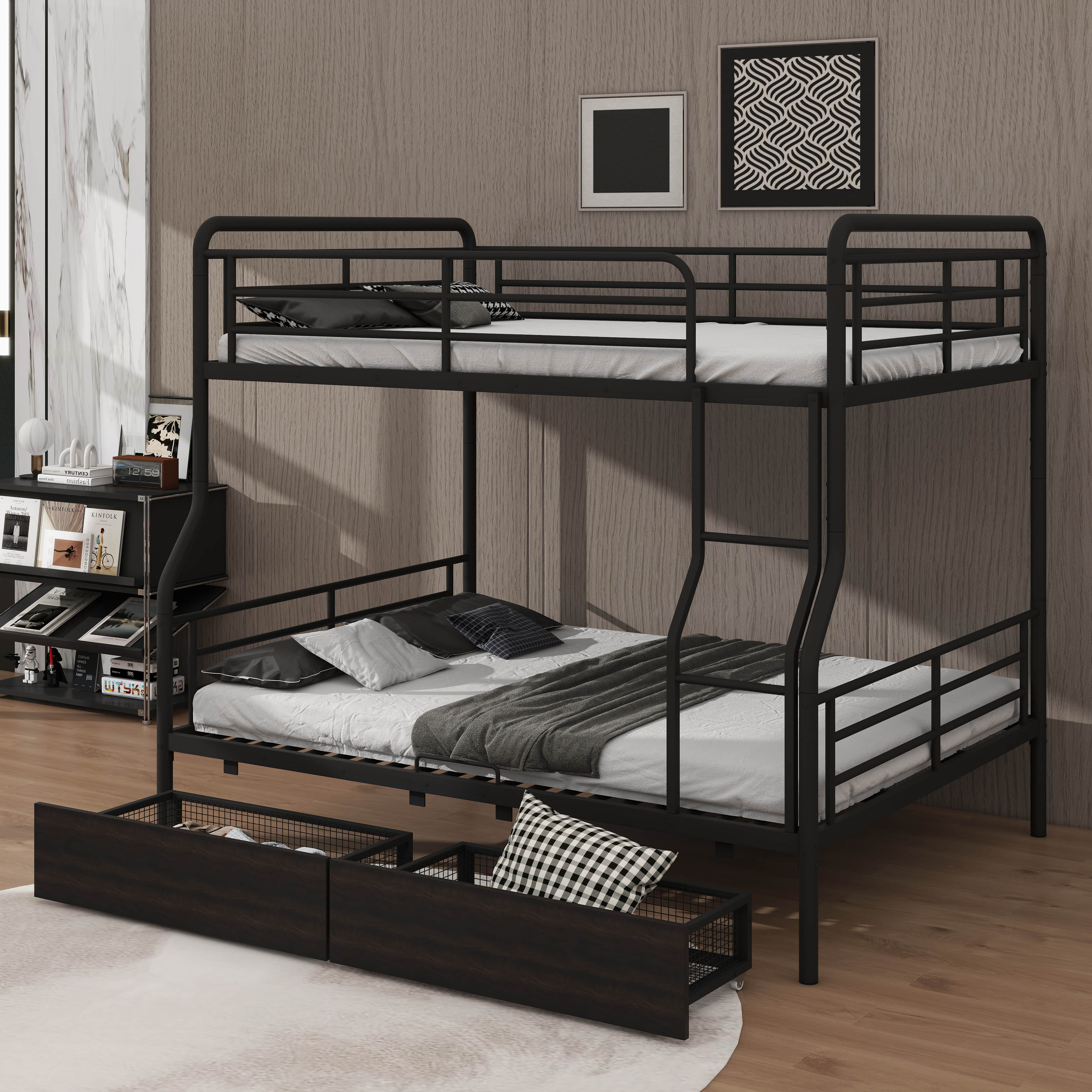 XIUYE Queen Over Full XL Metal Bunk Bed Equipped With Inbuilt Drawers ...